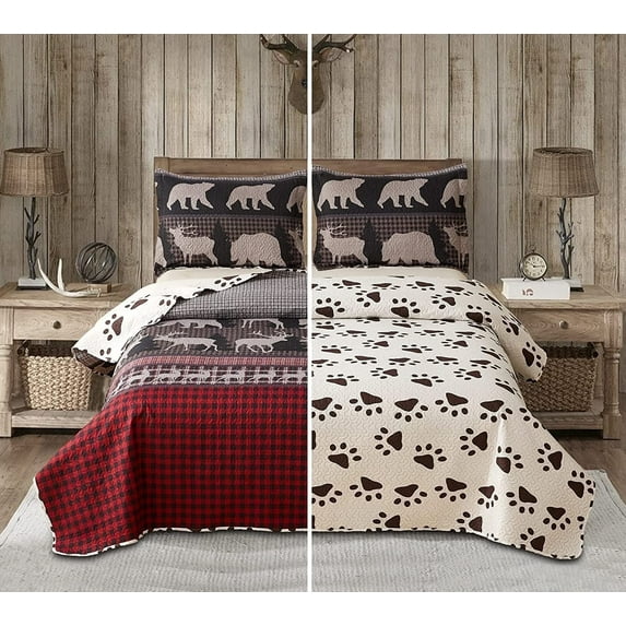 Green Essen Lodge-Style Twin Size Quilt Set with Moose & Bear Design ...