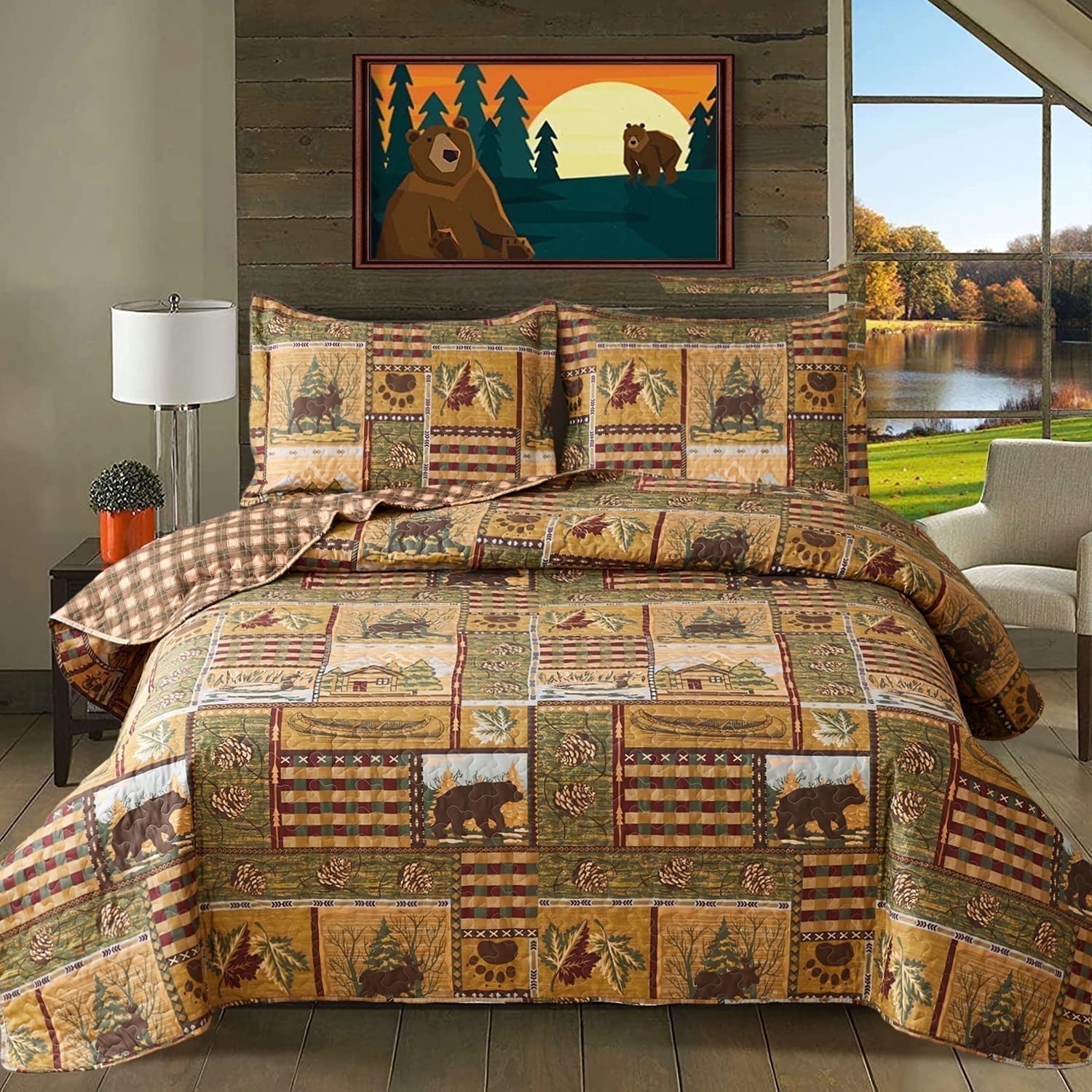 Green Essen Queen Quilt Set, Moose & Bear Design, Microfiber Bedspread ...