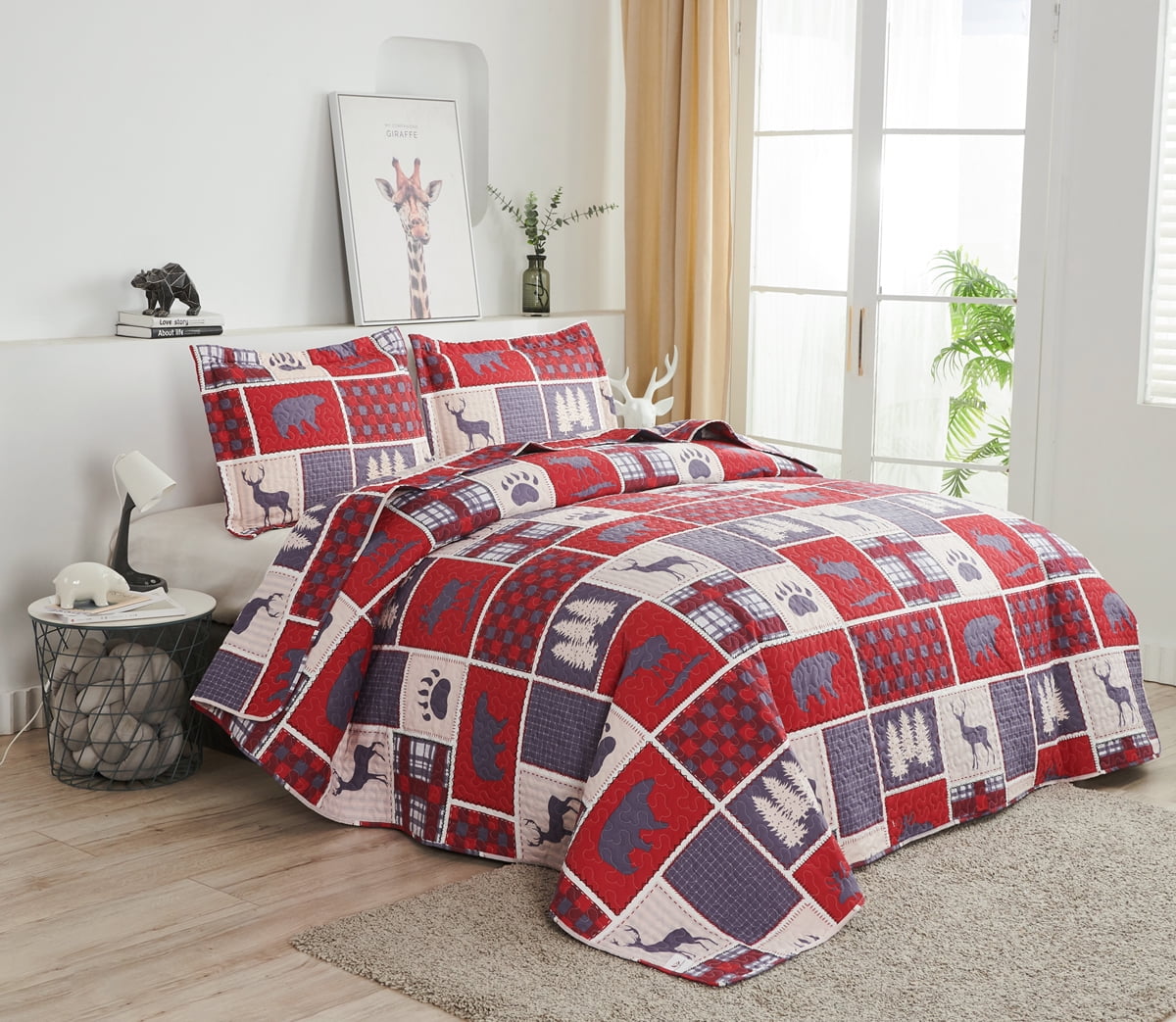Green Essen Rustic Quilt Set Queen/Full Size Moose Bear Bedding ...