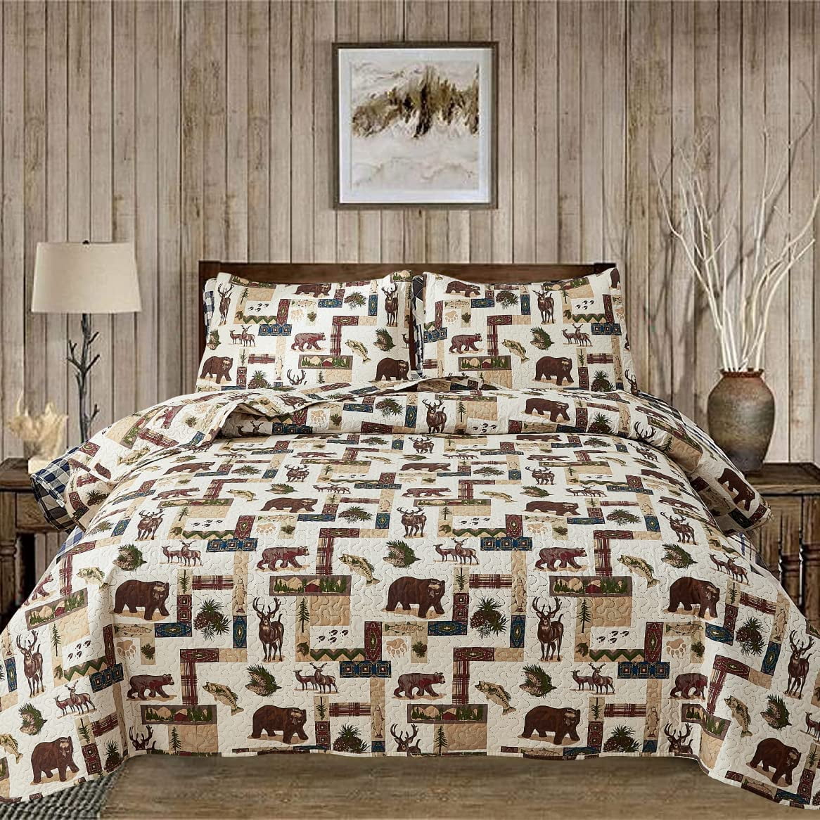 Green Essen Rustic Quilt Set Queen/Full Size Moose Bear Bedding ...