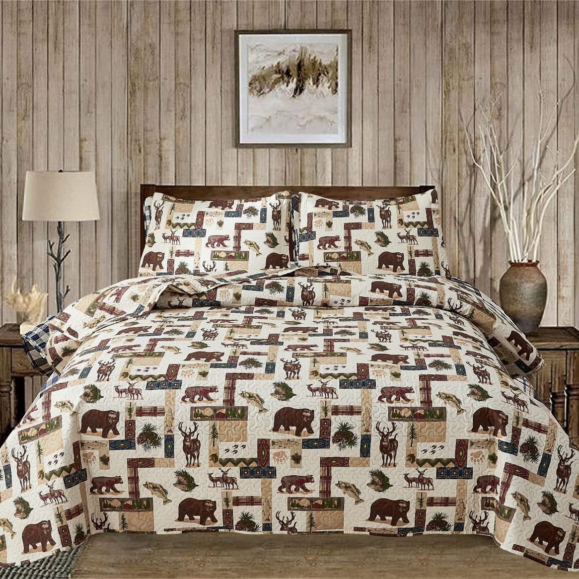 Green Essen Rustic Quilt Set Queen/Full Size Moose Bear Bedding ...