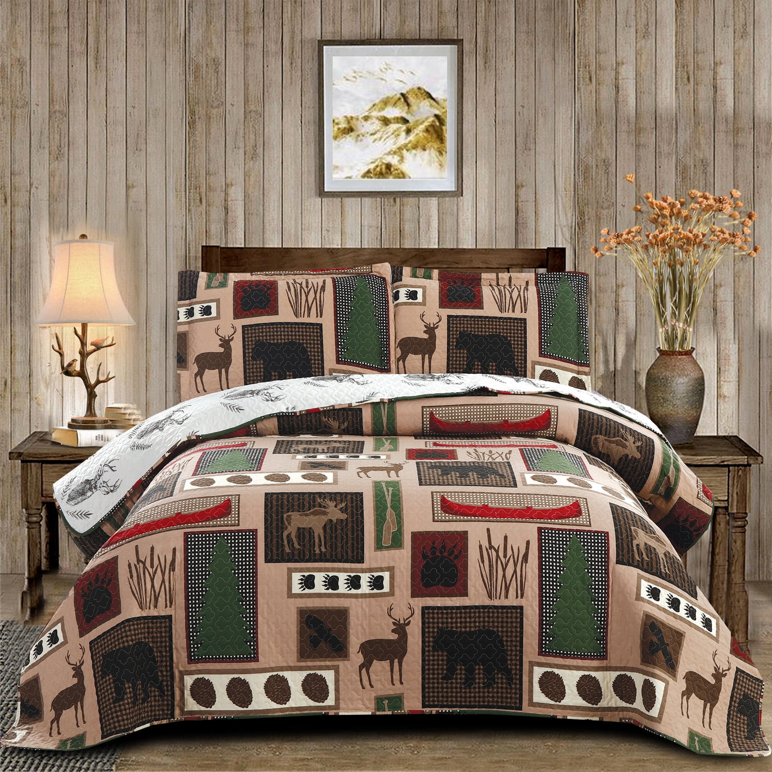 Green Essen Rustic Moose Bear King Quilt Set - Reversible, Microfiber ...