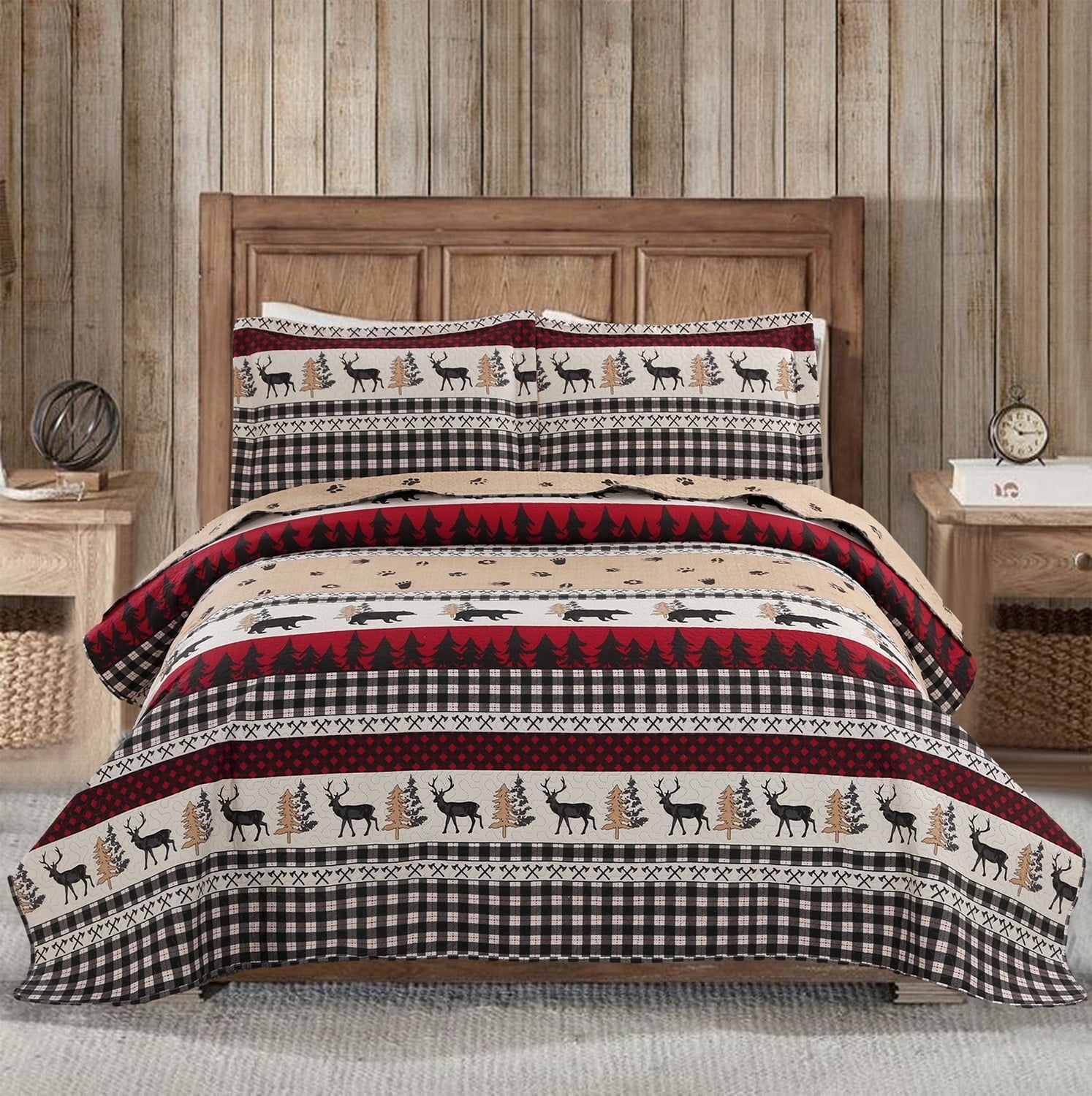 Green Essen King Size Rustic Quilt Set, Reversible Lodge Bedding, Moose ...