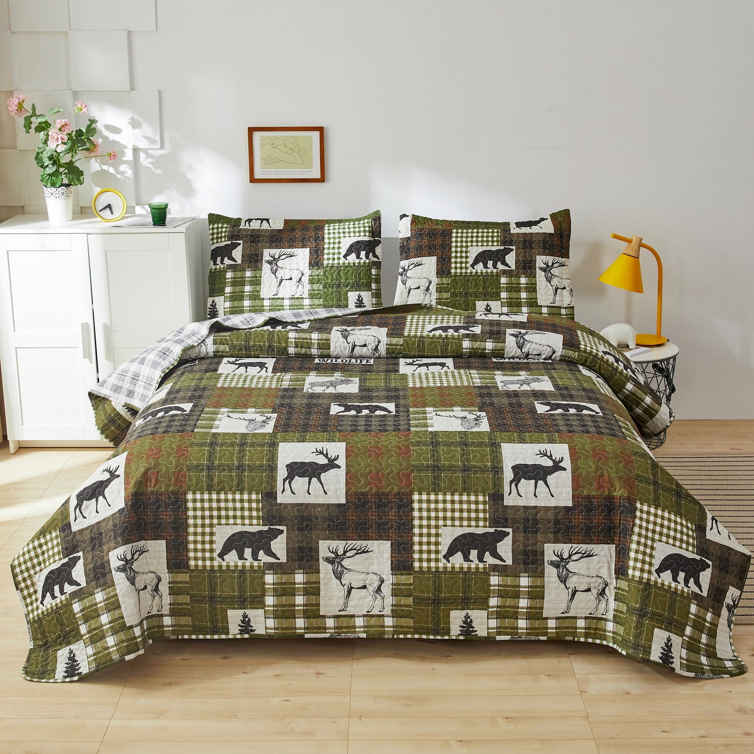 Essen Rustic Lodge Style Queen King Comforter Set, Moose Bear Patchwork ...