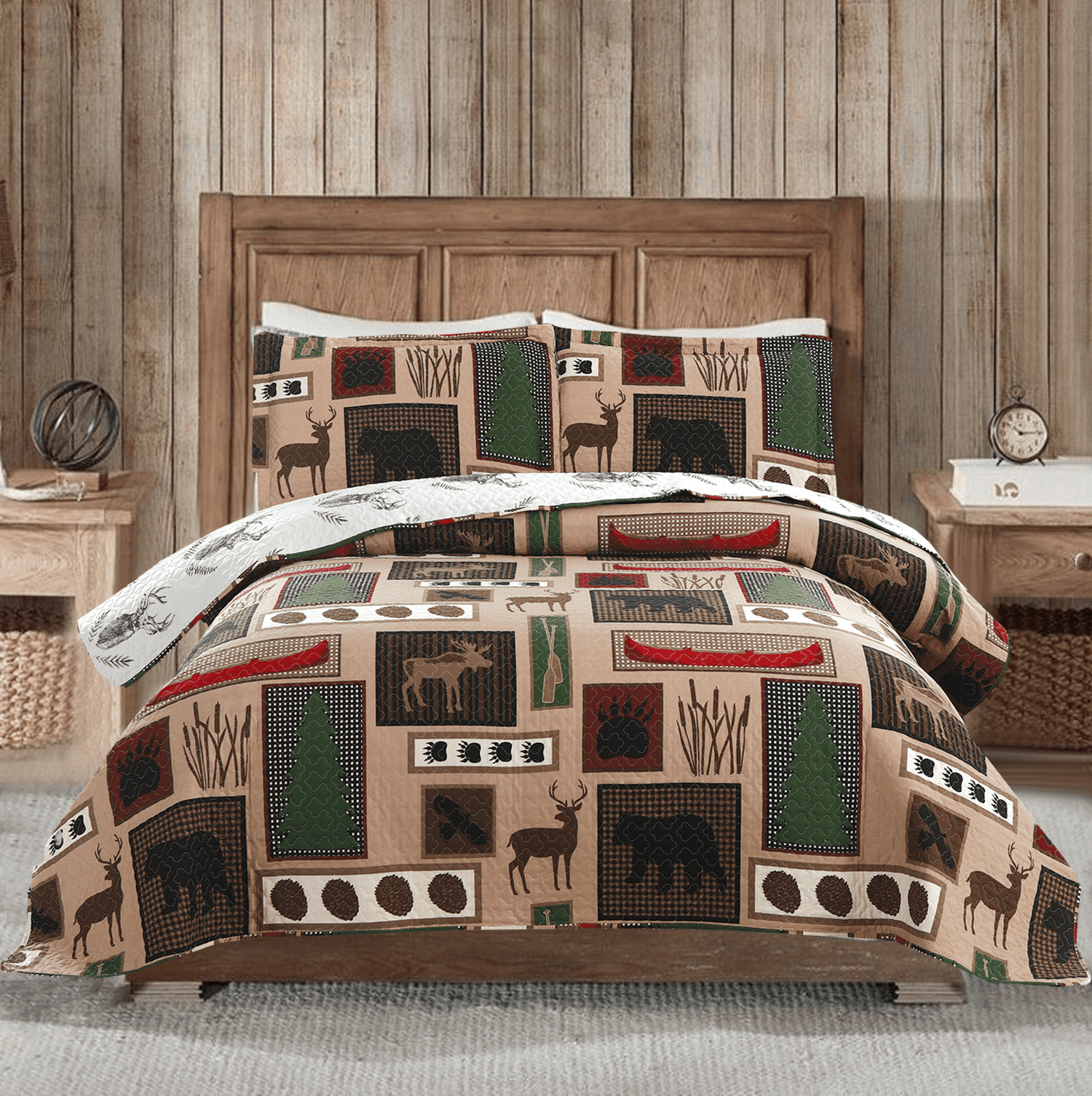 Green Essen Rustic Lodge Quilt Set Queen Size, Moose Bear Bedding ...
