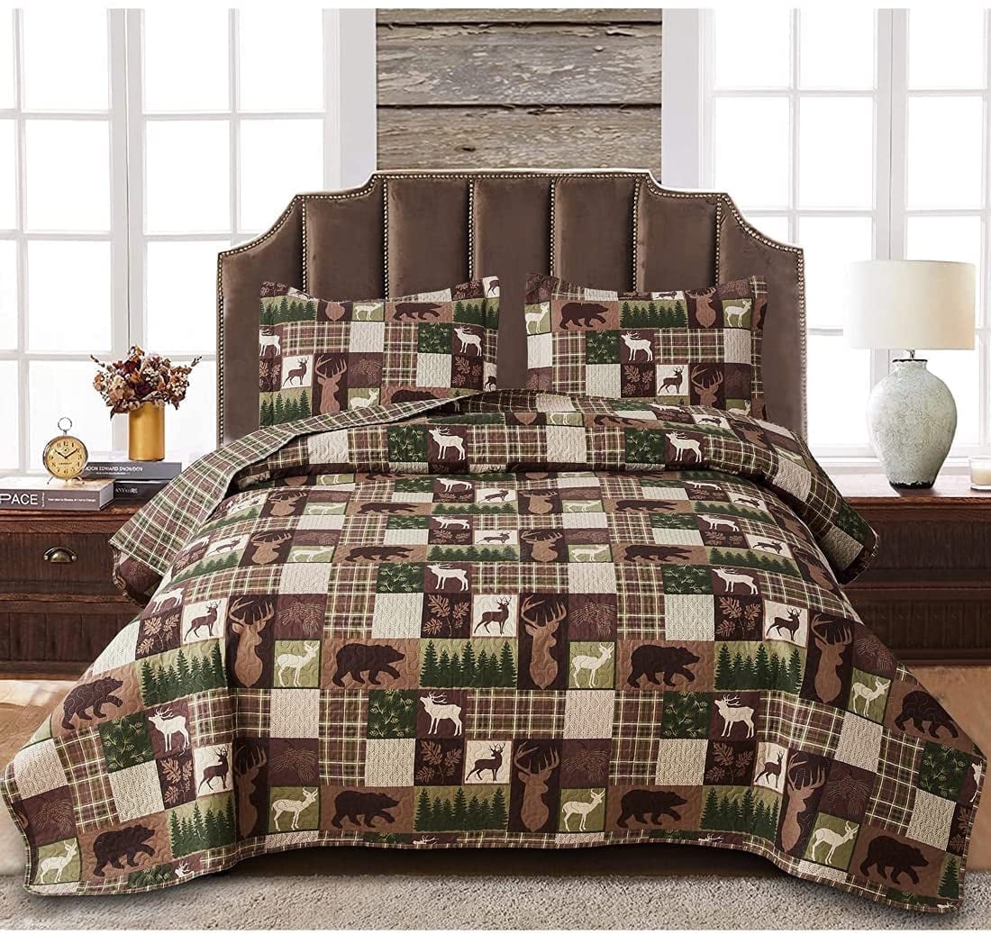 Green Essen Rustic Lodge Quilt Set, Queen/King, Reversible Moose Bear ...