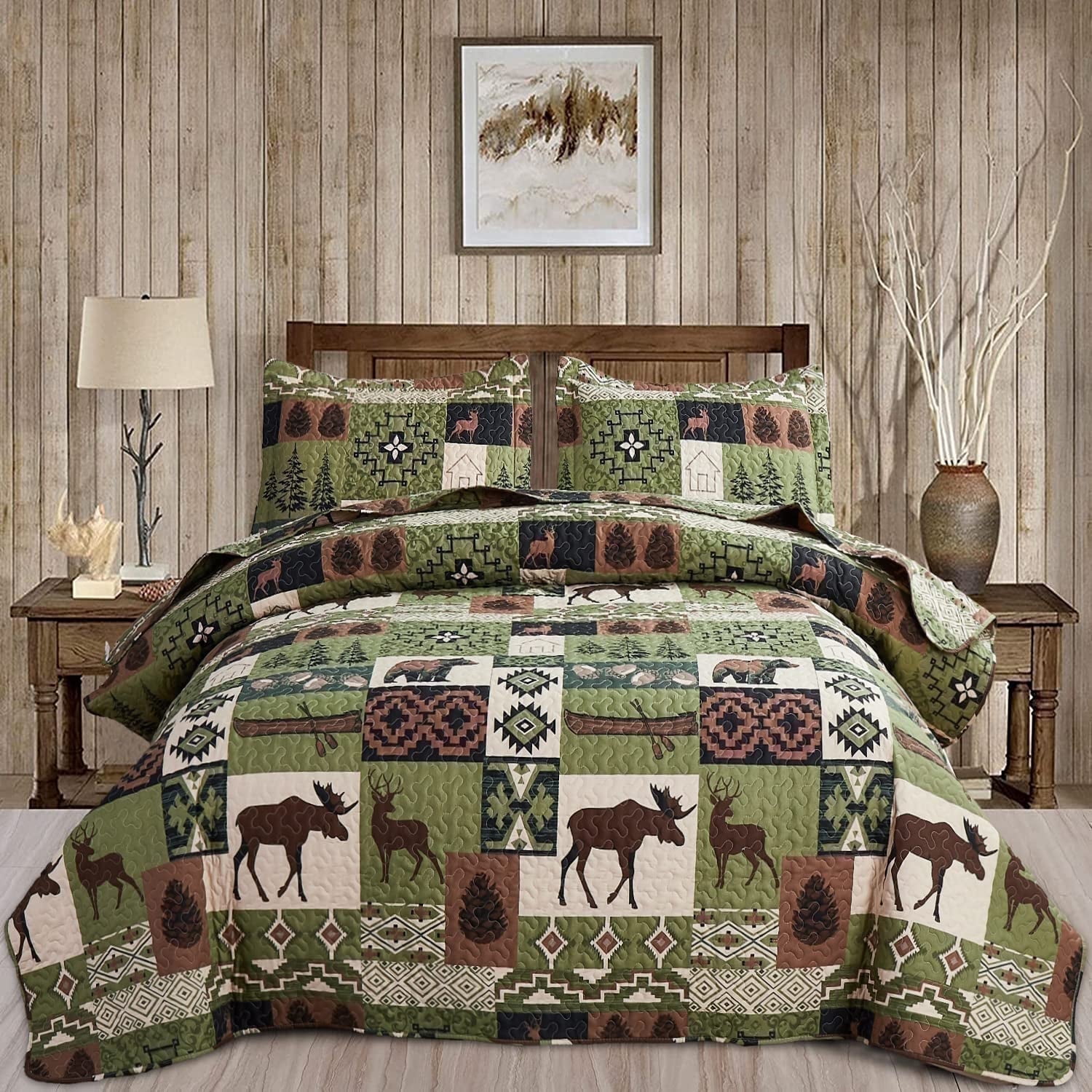 Green Essen Rustic Quilt Sets Queen/Full Size Reversible Lodge Bedding ...
