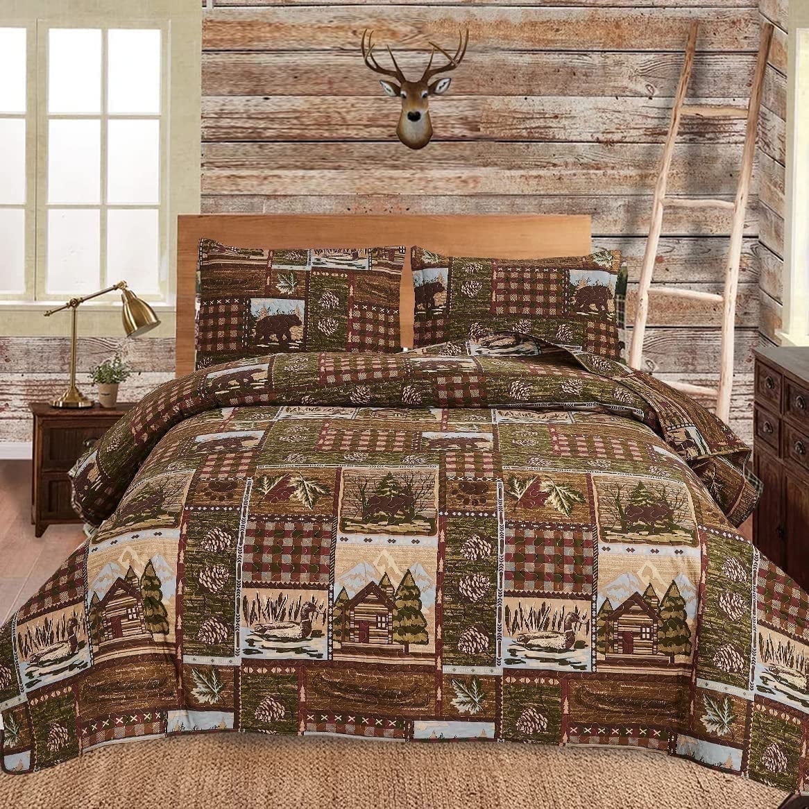 Green Essen Rustic Quilt Sets Queen/Full Size Reversible Lodge Bedding ...