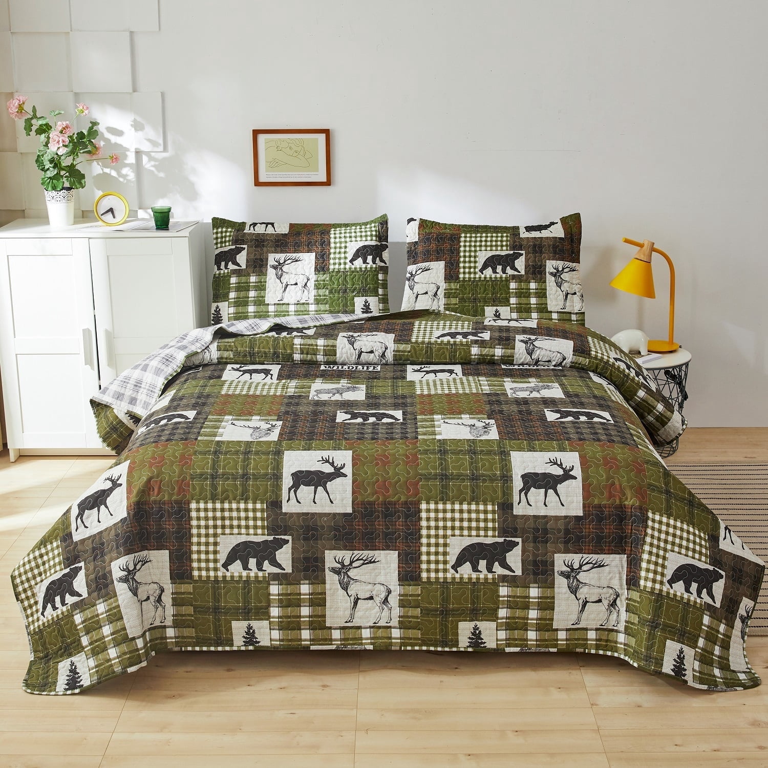 Green Essen Rustic Quilt Sets Queen/Full Size Reversible Lodge Bedding ...