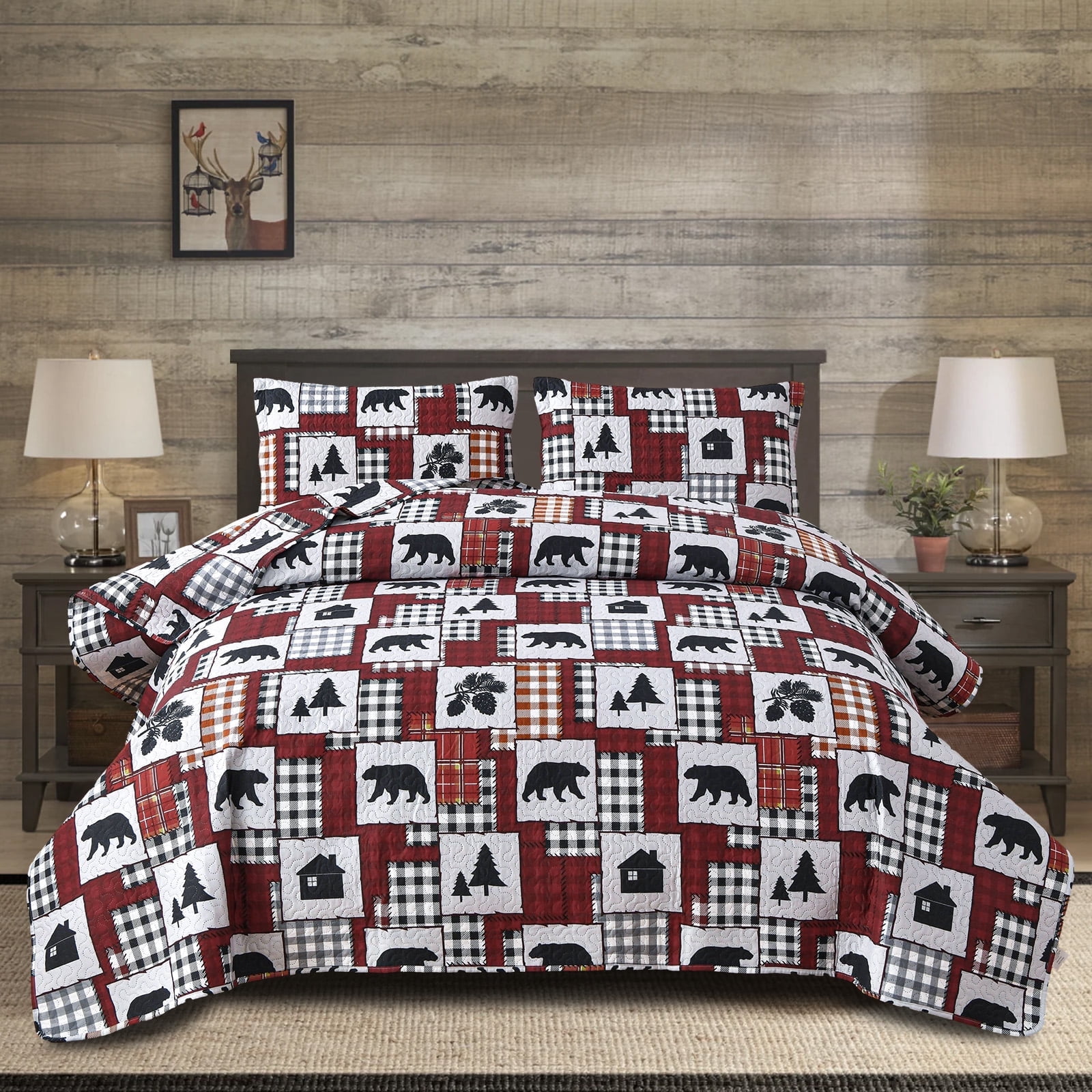 Green Essen Rustic Queen/King/Twin Quilt Sets - Microfiber Moose Bear ...