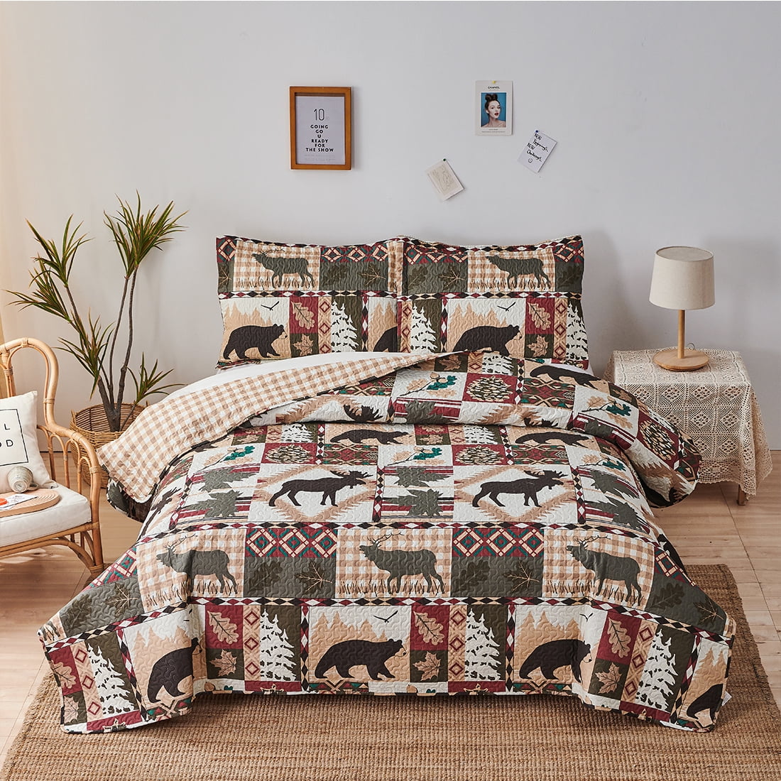 Green Essen Rustic Quilt Sets Queen Size Moose Bedding Reversible ...