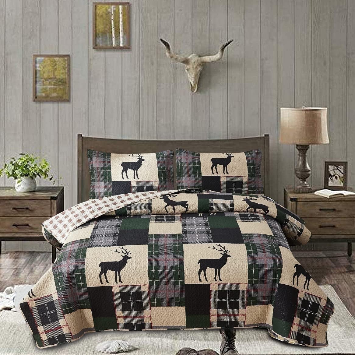 Green Esssen Reversible Moose Quilt Set Twin Size Green Black Plaid ...