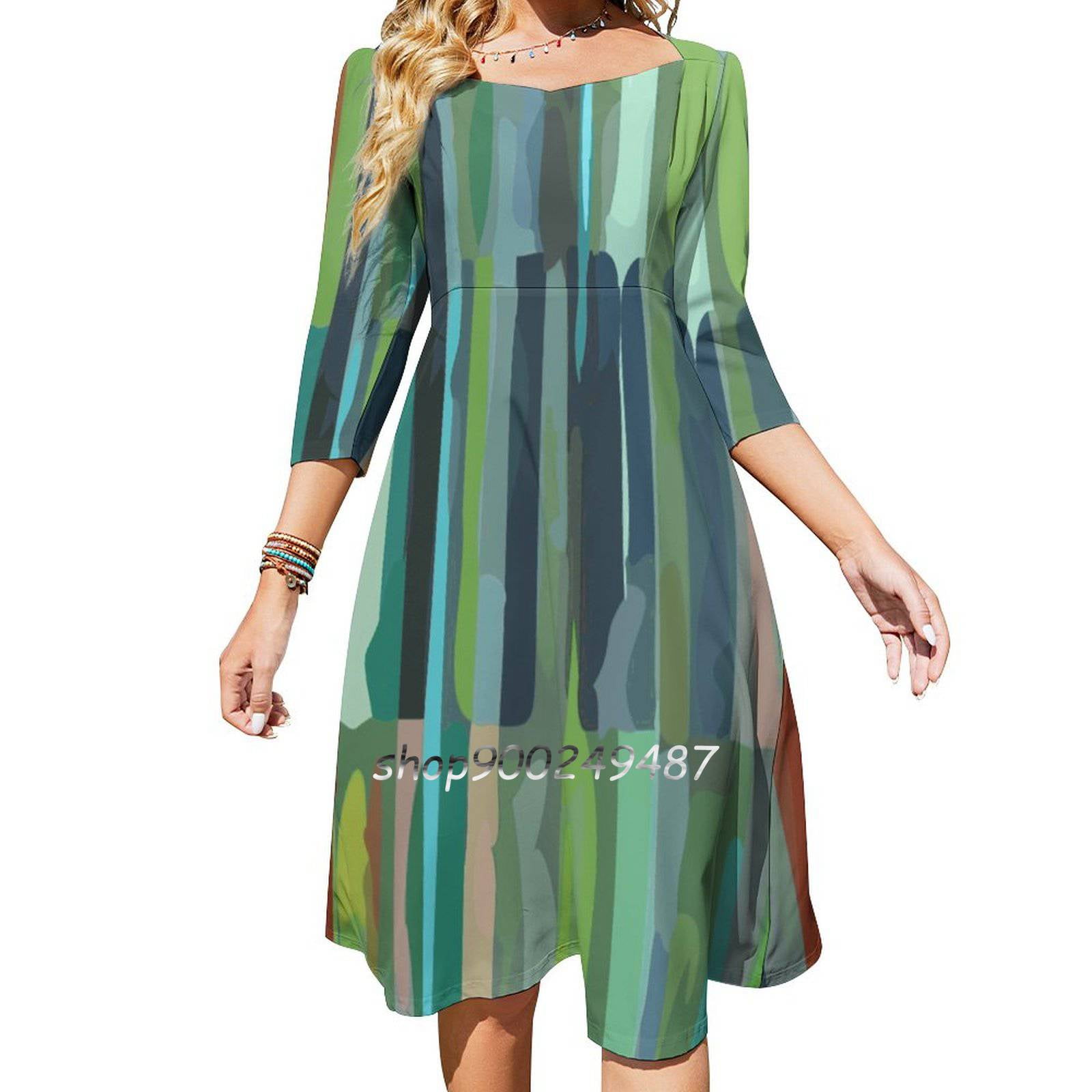 Green Etchnic Scandinavian Vertical Line Sweetheart Knot Flared Dress ...