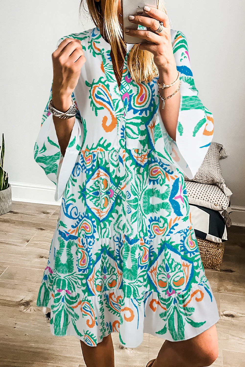 Green Ethnic Print Boho Tiered Mini Flowy Dress - Walmart.com