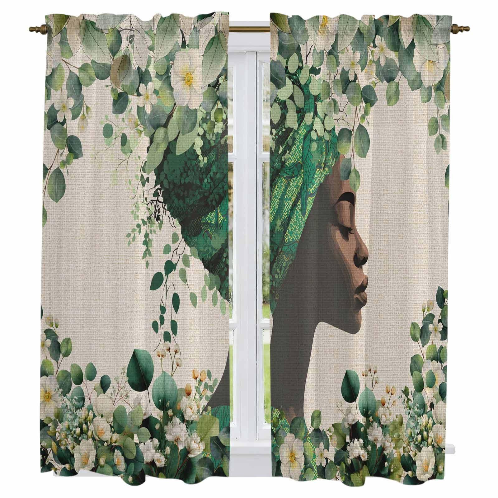 Green Eucalyptus African Women Kitchen Curtains 63 Inch Length, Spring ...