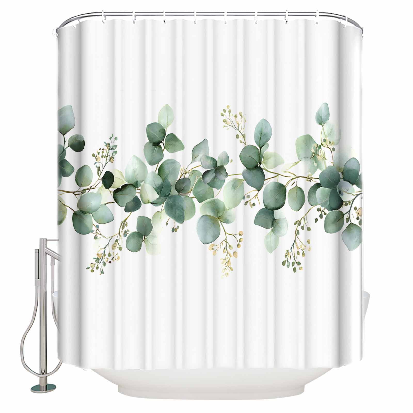 Green Eucalyptus Bathroom Shower Curtains with 12 Hooks Polyester ...