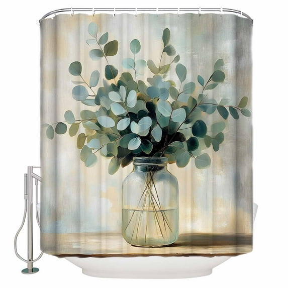 Green Eucalyptus Bathroom Shower Curtains with 12 Hooks Polyester ...
