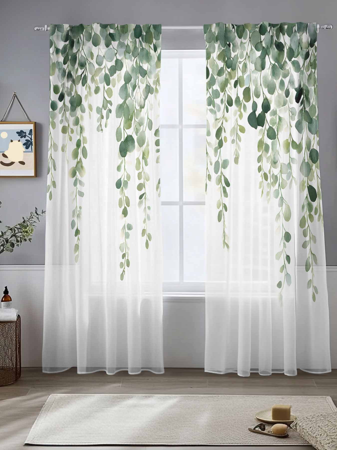 Green Eucalyptus Branches Sheer Curtains for Living Room Bedroom Spring ...