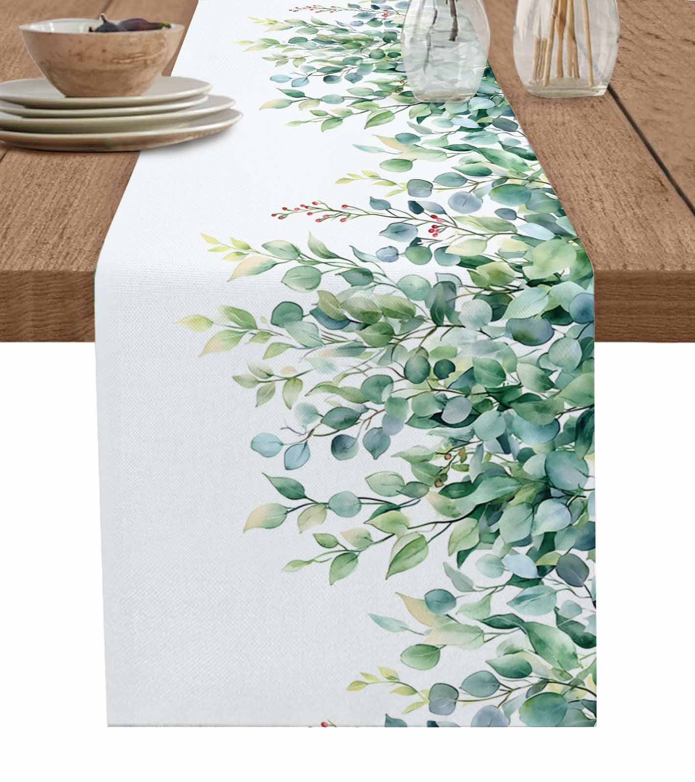 Green Eucalyptus Burlap Cotton Table Runner 13x36 Inches Short, Watercolor Spring Botanical ...