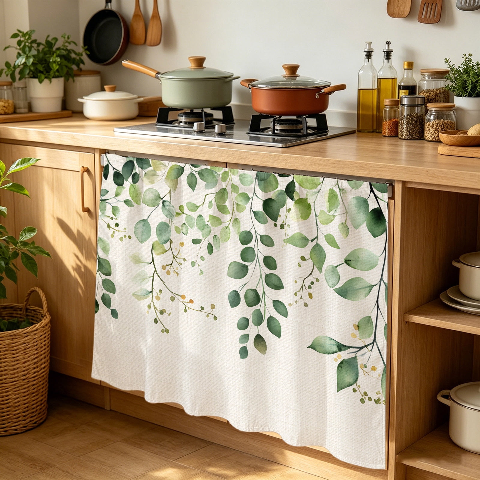 Green Eucalyptus Cabinet Curtains 35''x35'', Vintage Leaves Flower ...