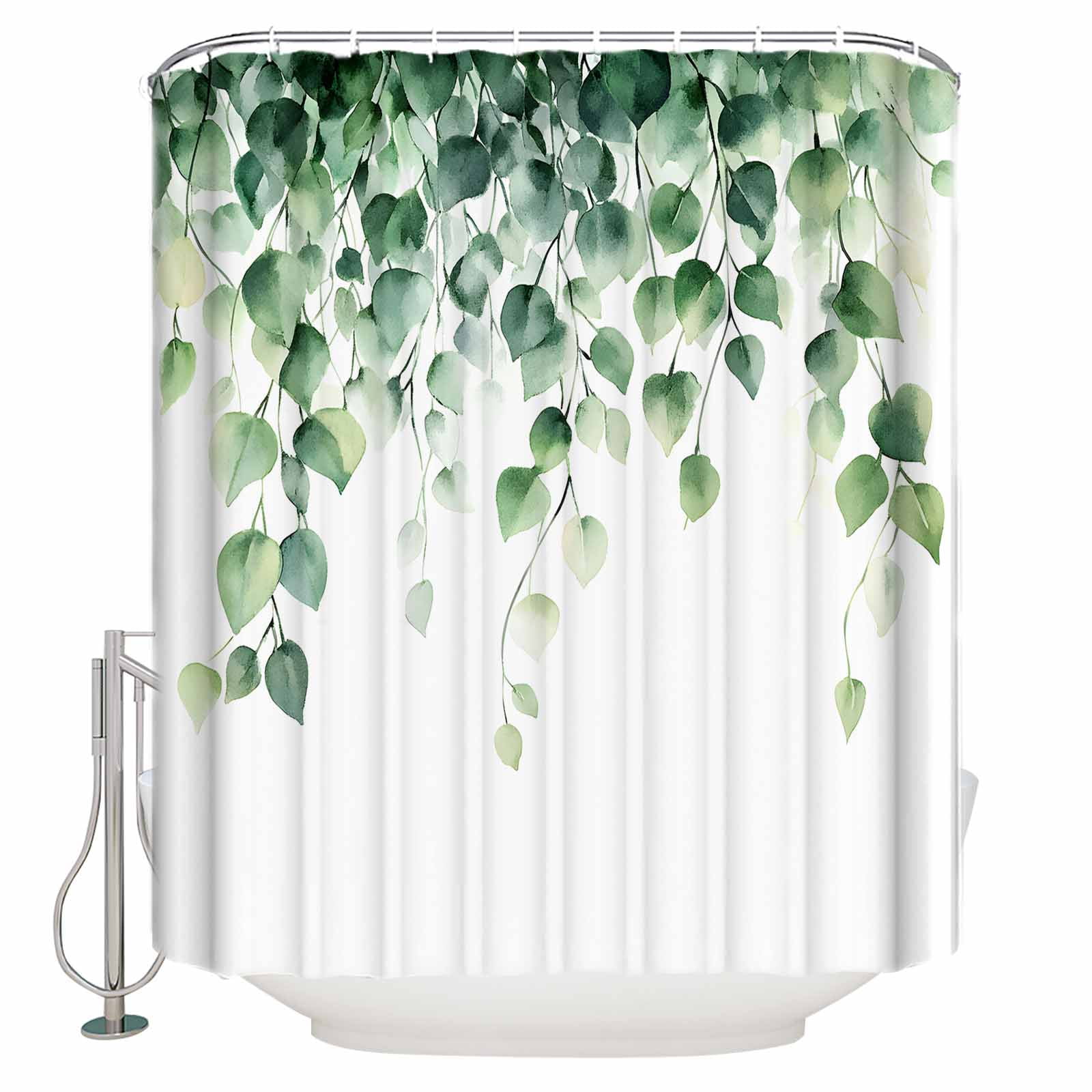 Green Eucalyptus Leaf Bathroom Shower Curtains with 12 Hooks Polyester ...