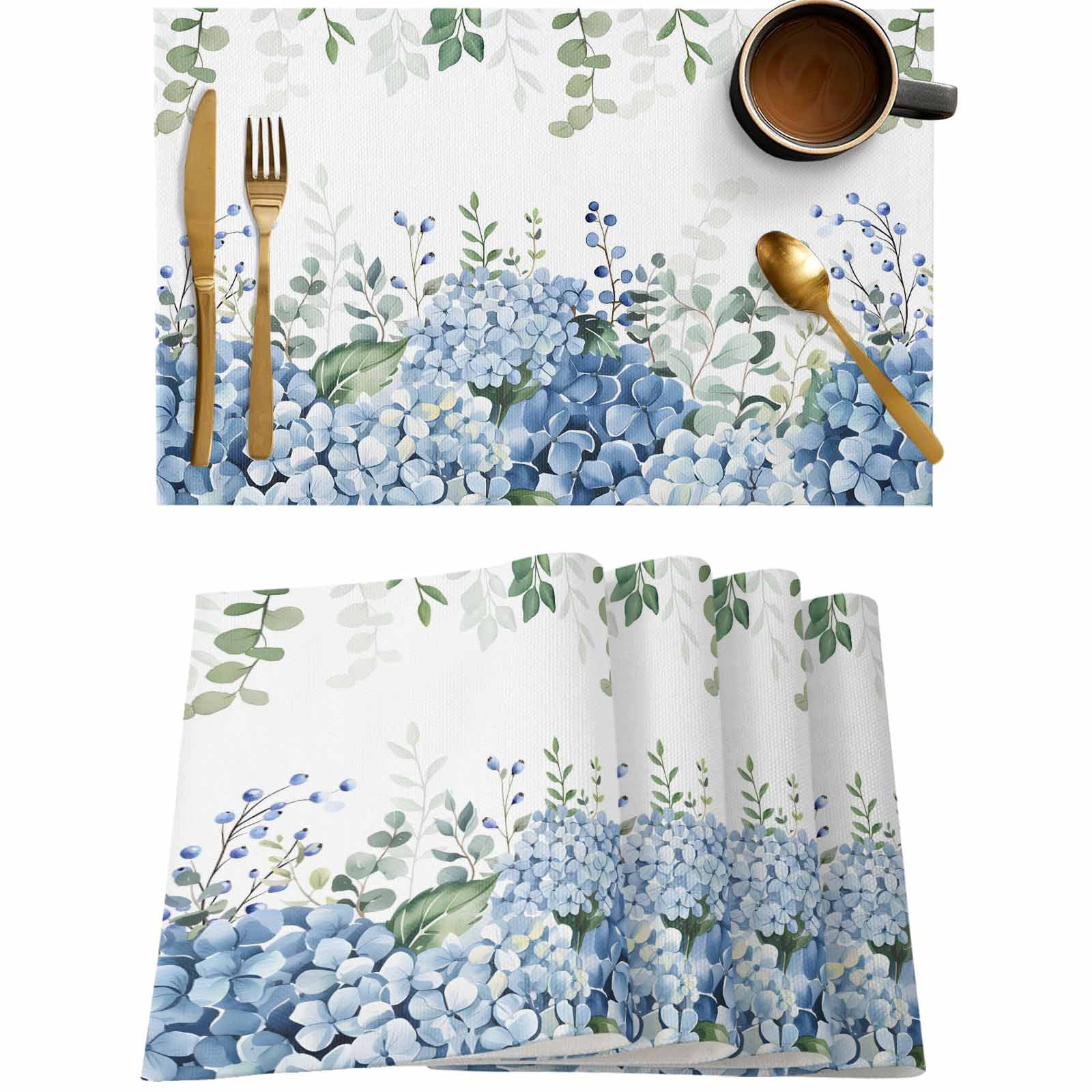 Green Eucalyptus Leaf Blue Hydrangea Placemats Set of 4,Wipeable ...