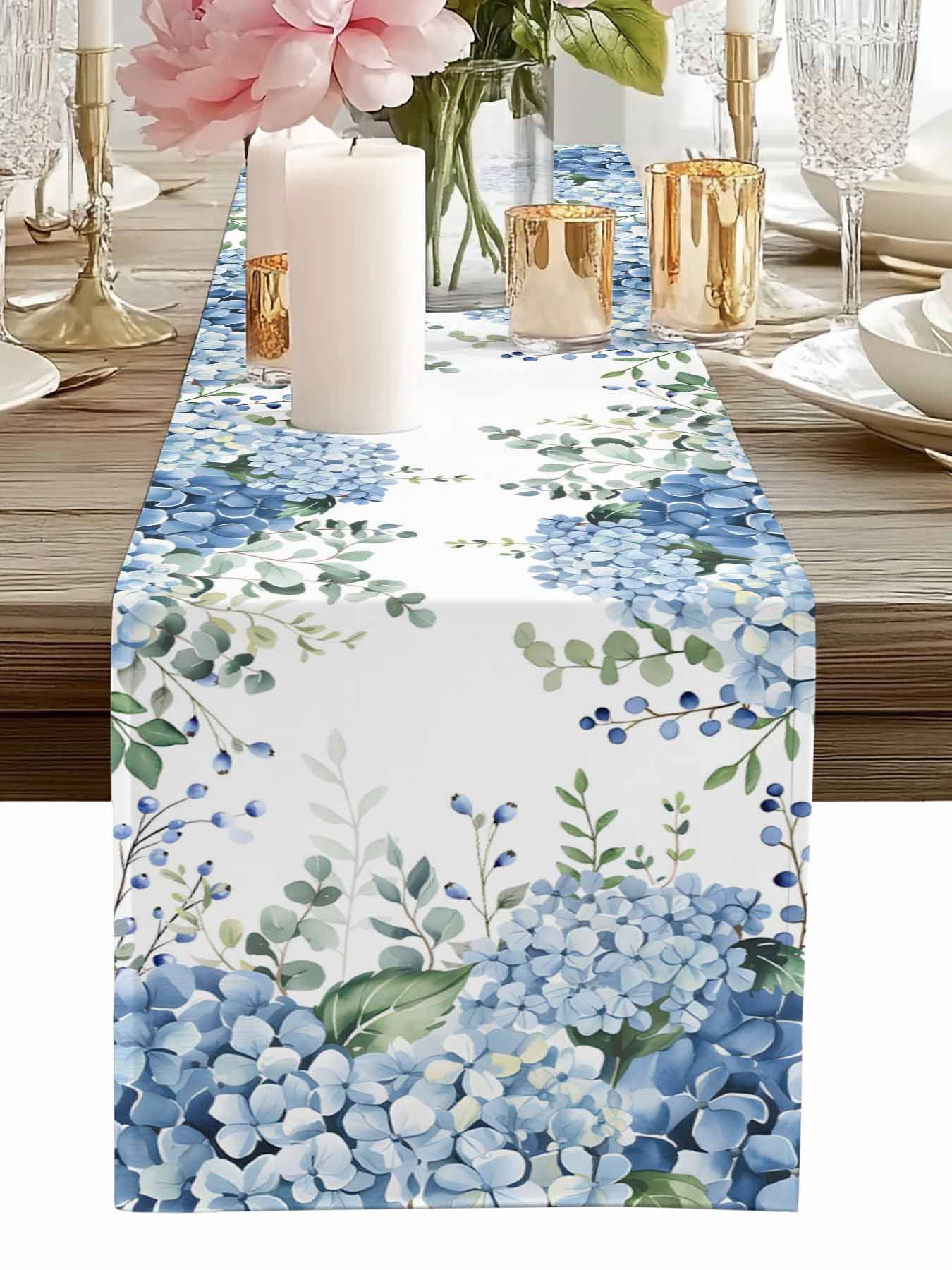 Green Eucalyptus Leaf Blue Hydrangea Table Runner-60 Inch Long Blossom ...