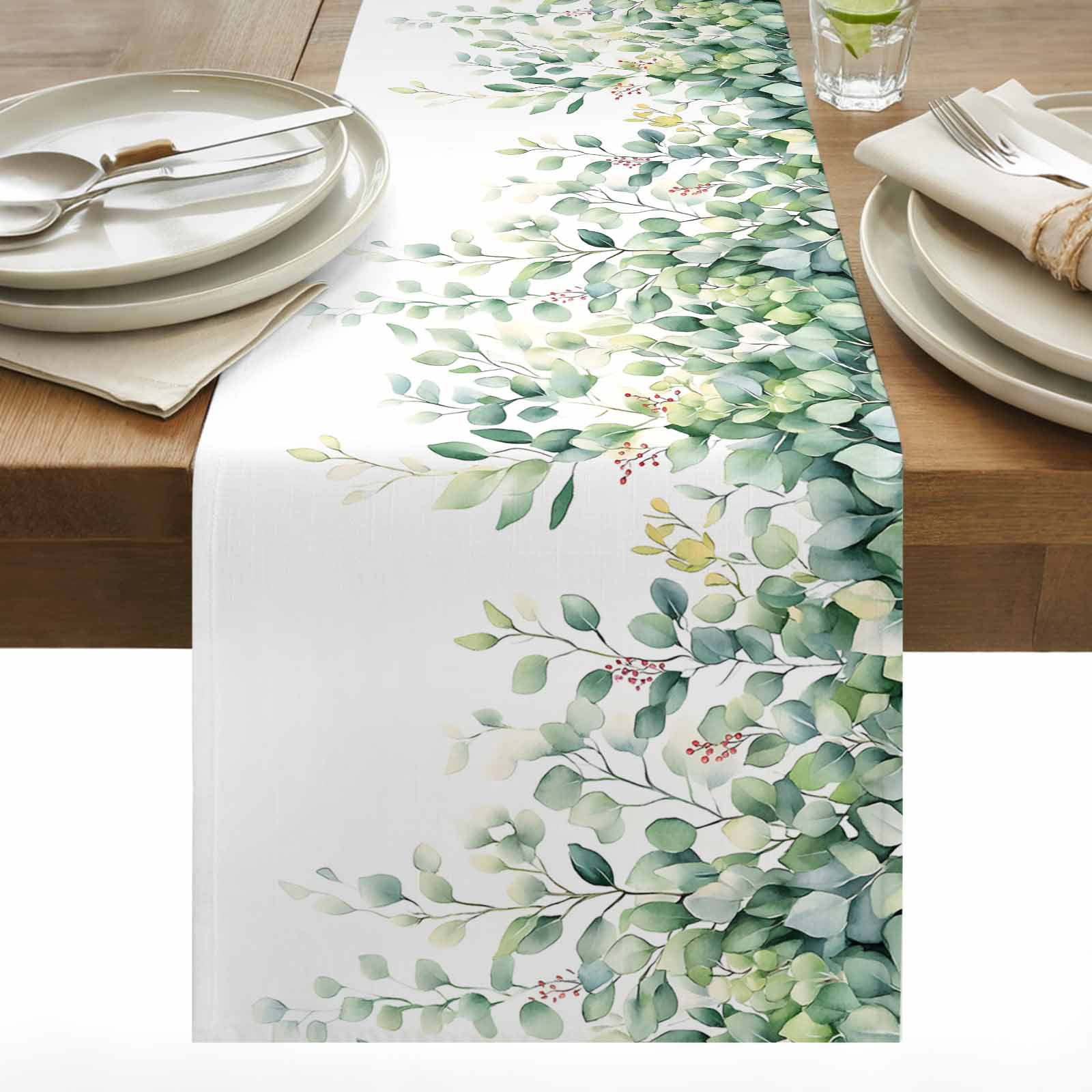 Green Eucalyptus Leaf Cotton Linen Table Runner Spring Flower Vine ...