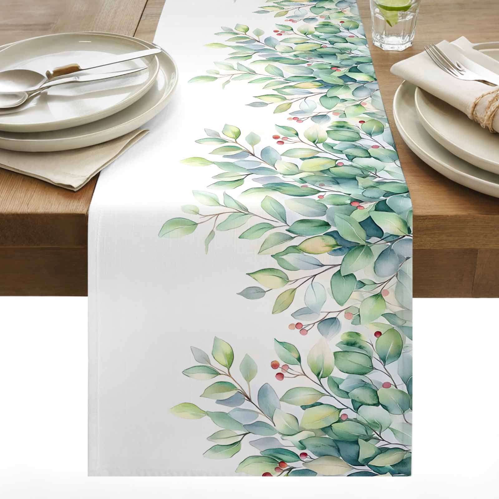Green Eucalyptus Leaf Cotton Linen Table Runner Spring Plant Rustic ...