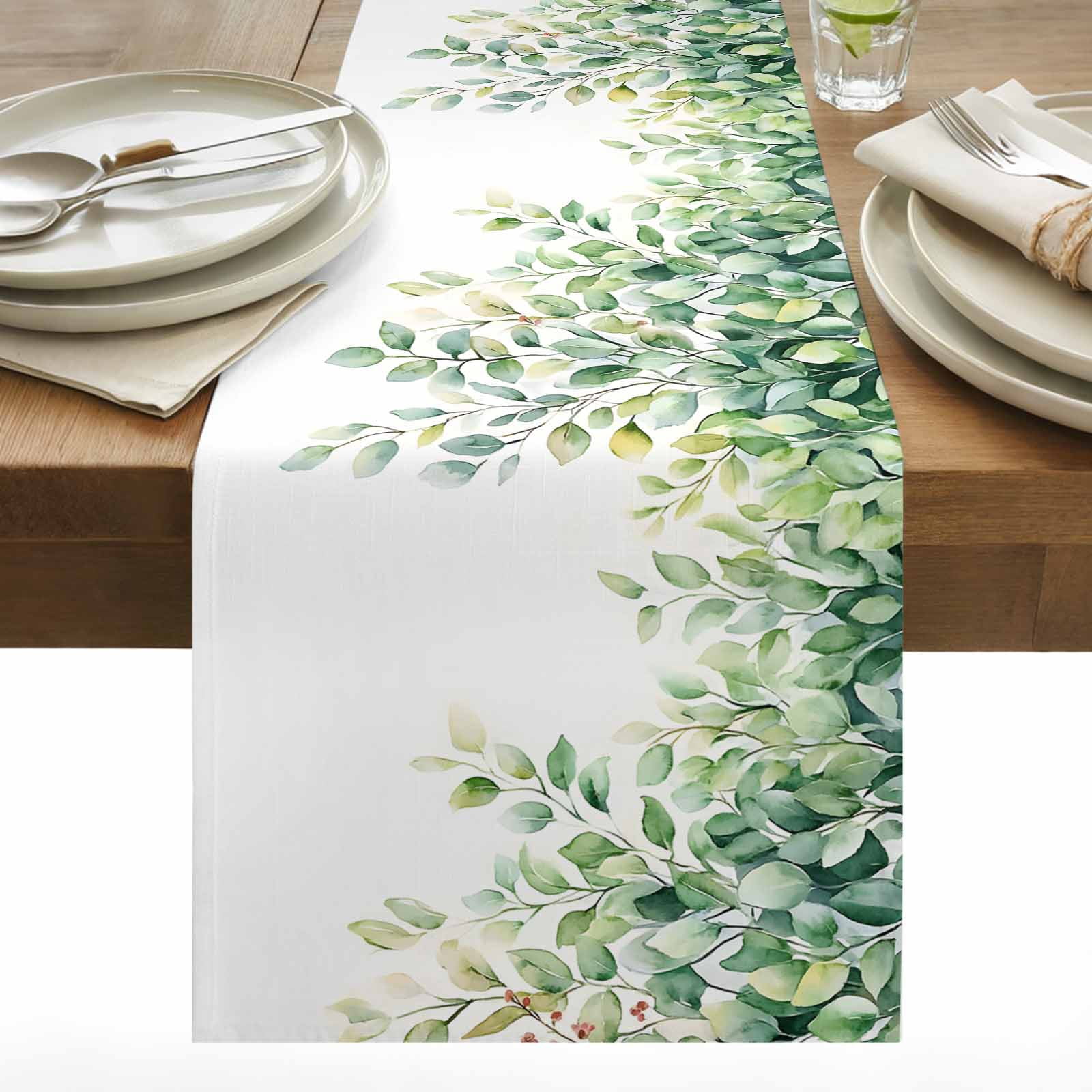Green Eucalyptus Leaf Cotton Linen Table Runner Spring Vine Flower ...