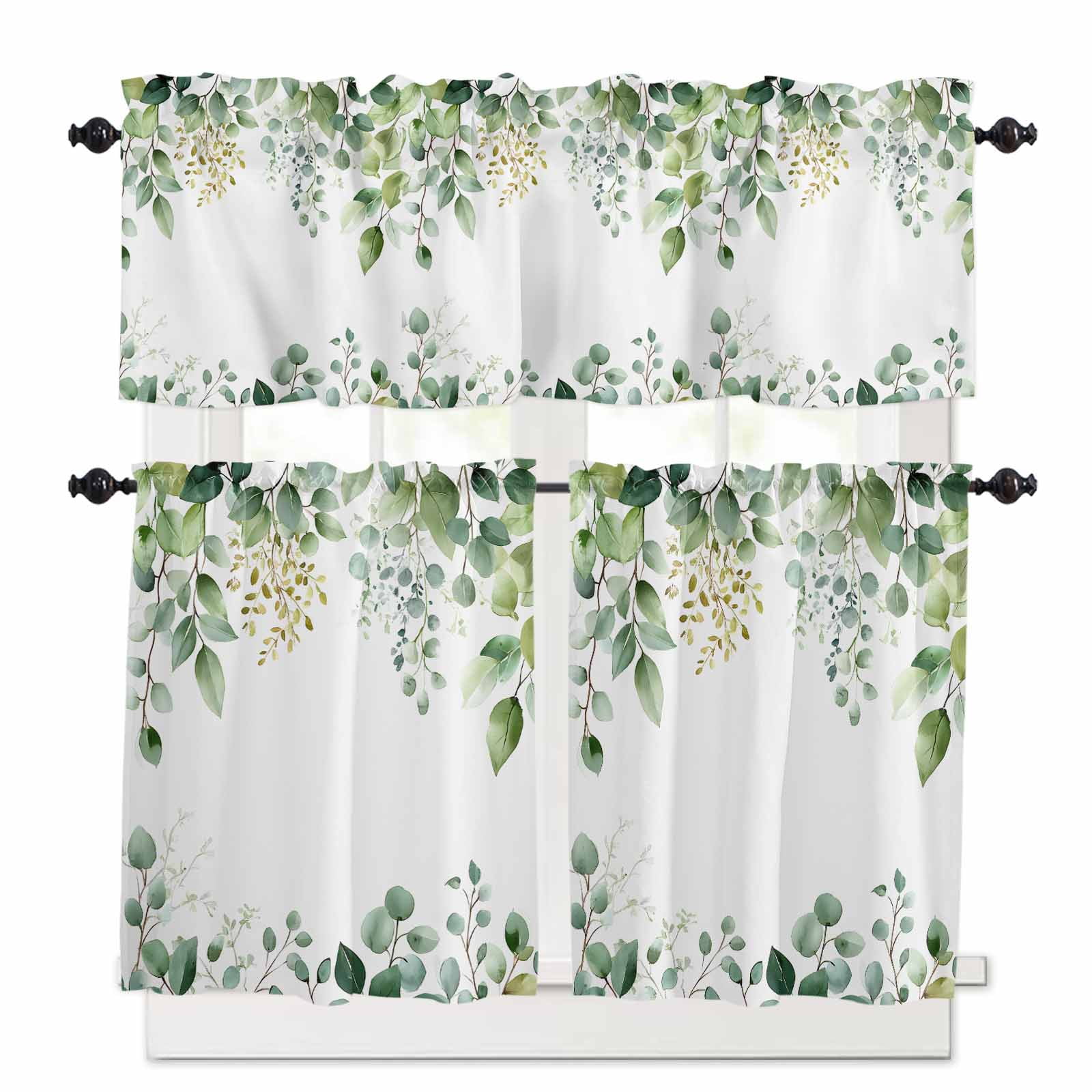 Green Eucalyptus Leaf Kitchen Curtains and Valances Set, Country Plant ...