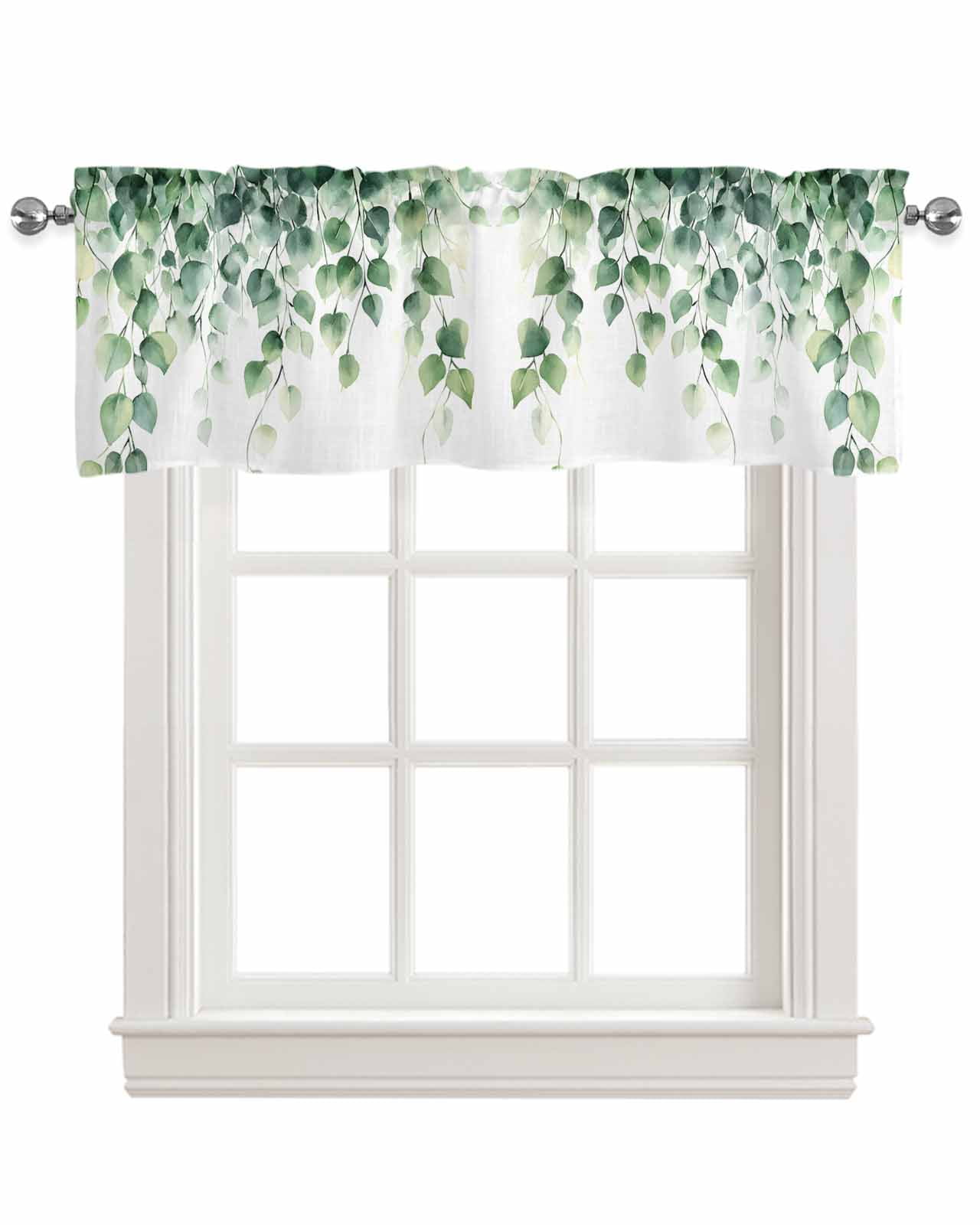 Green Eucalyptus Leaf Kitchen Valances for Windows Farmhouse Linen ...