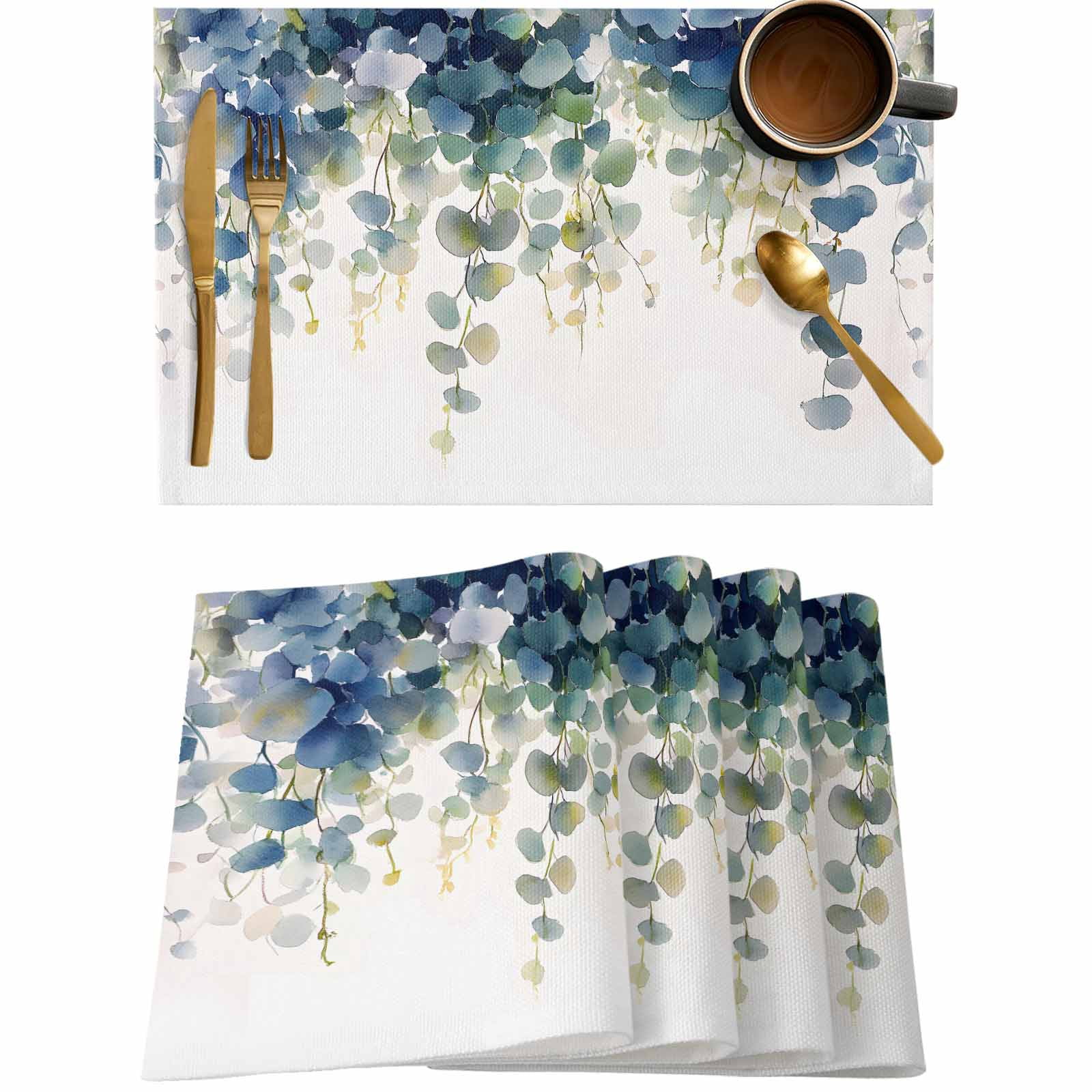 Green Eucalyptus Leaf Placemats Set of 4,Wipeable Washable Table Mats ...