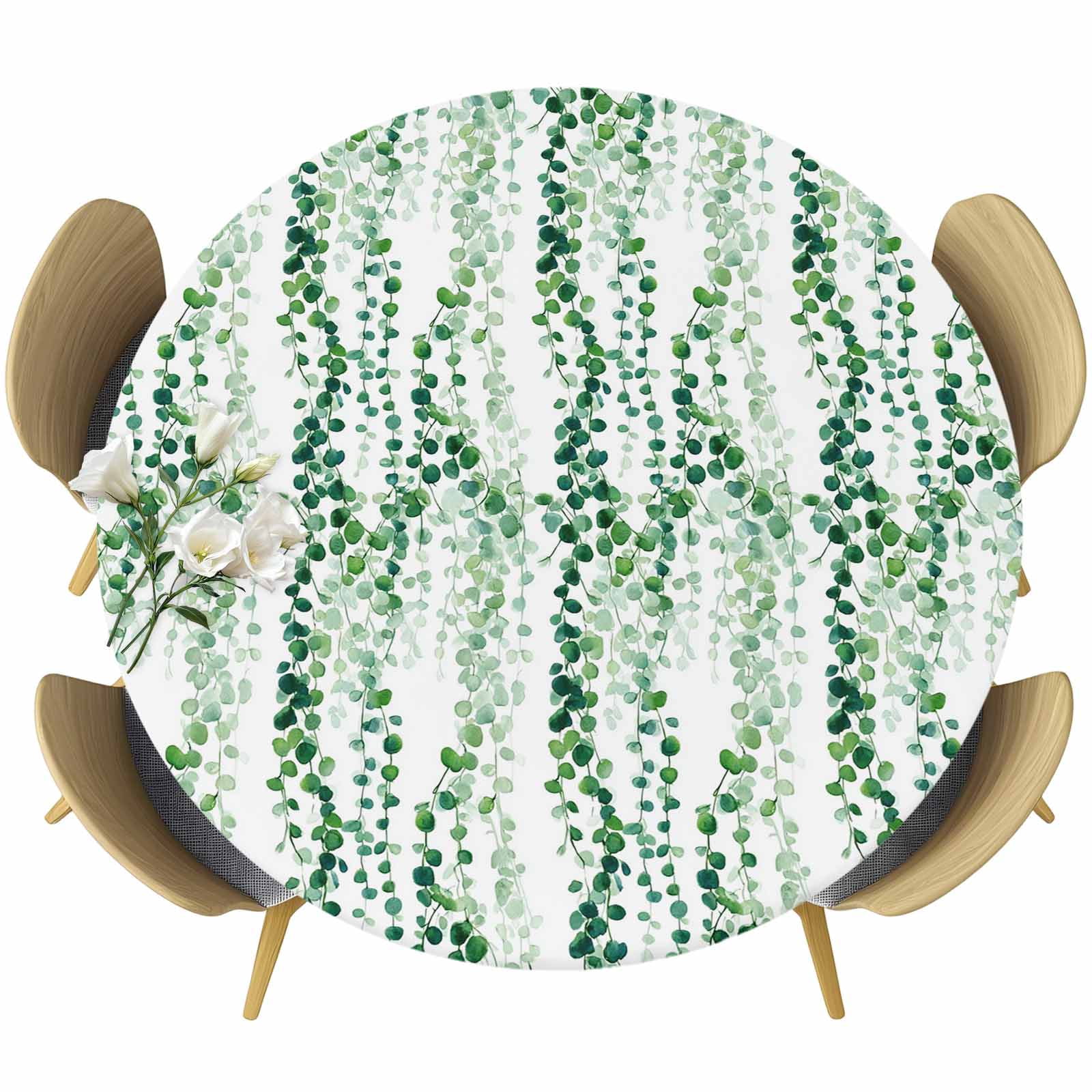 Green Eucalyptus Leaf Round Fitted Tablecloth with Elastic Edge ...