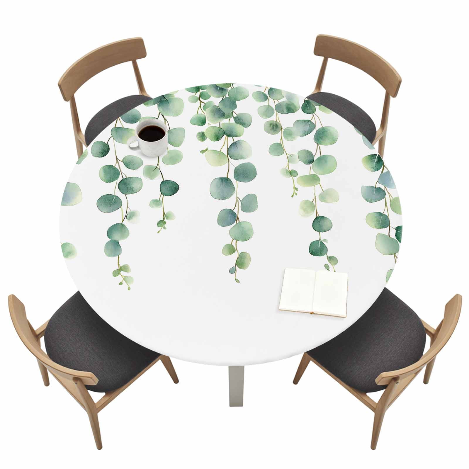 Green Eucalyptus Leaf Round Fitted Tablecloth with Elastic Edge ...