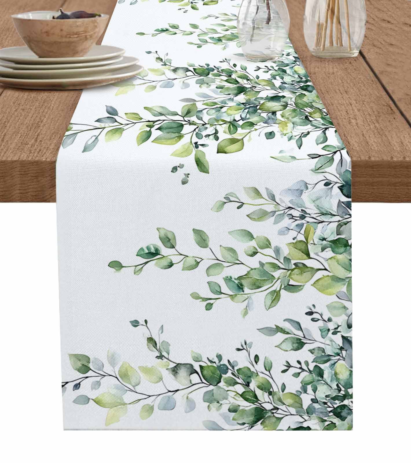 Green Eucalyptus Leaf Table Runner 108 Inches, Spring Botanical Leaves ...