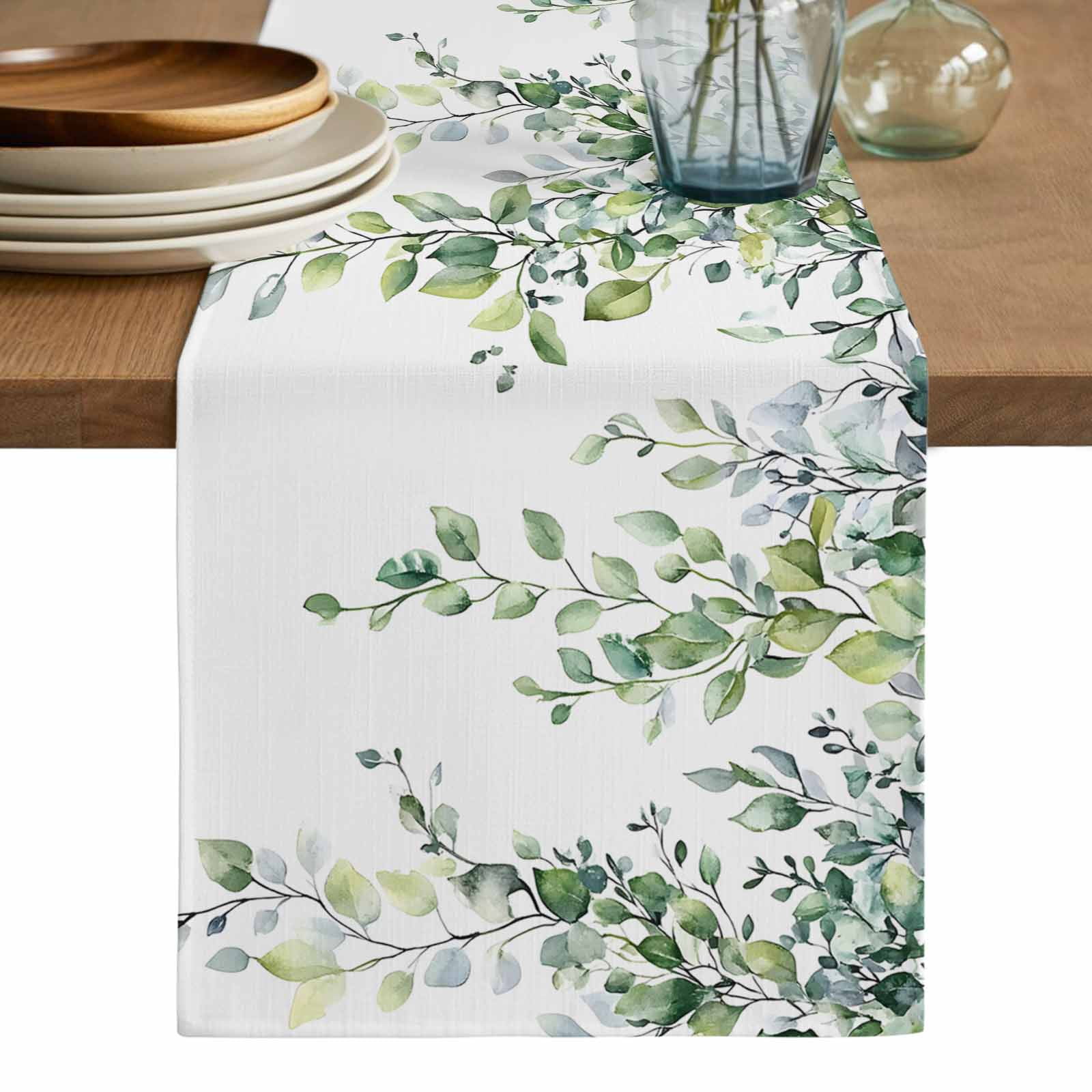 Green Eucalyptus Leaf Table Runner, Spring Botanical Leaves Floral ...