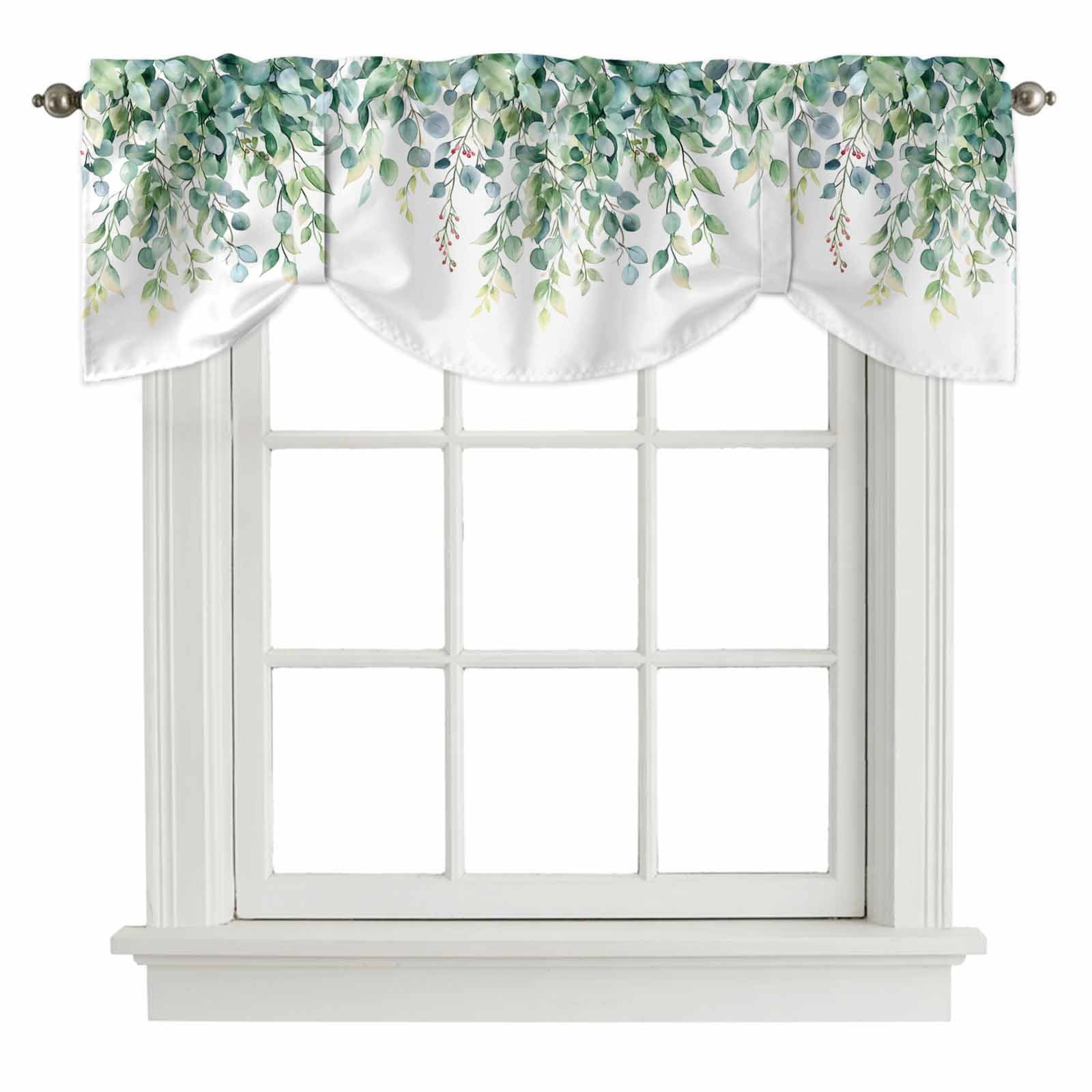 Green Eucalyptus Leaf Tie Up Valance for Windows, Spring Flower Floral ...