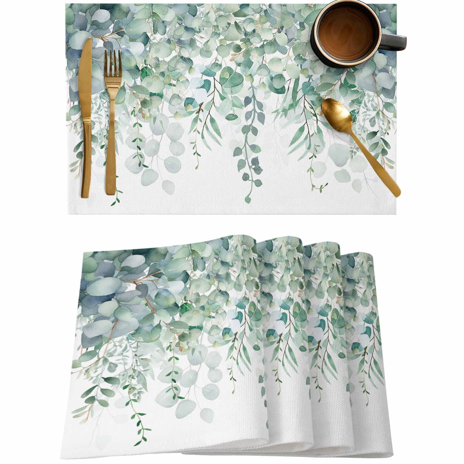 Green Eucalyptus Leaf on White Placemats Set of 4,Wipeable Washable Table Mats for Dining Tables ...