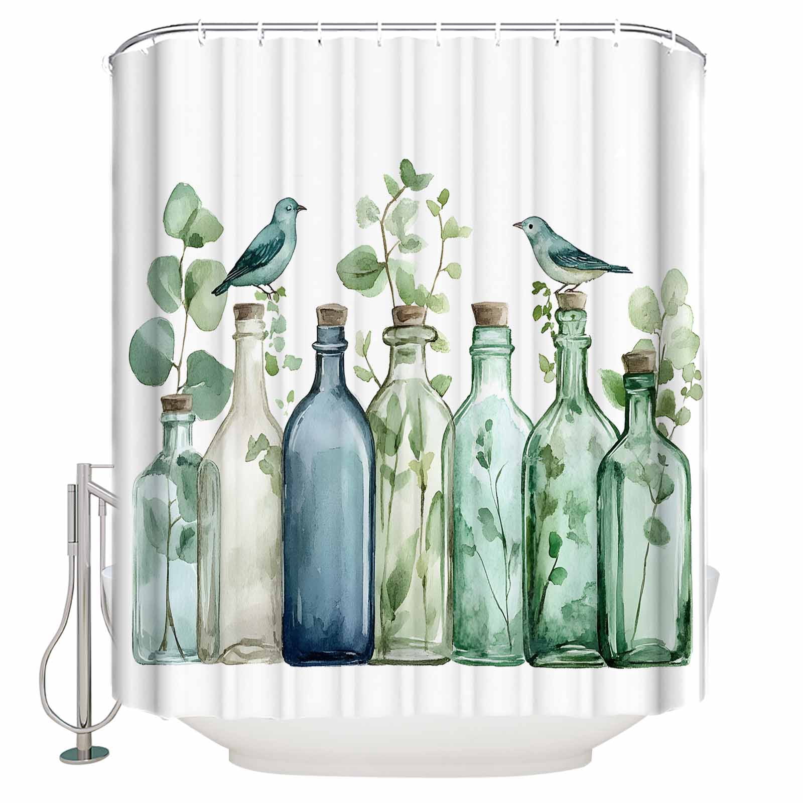 Green Eucalyptus Leaves Bathroom Shower Curtains with 12 Hooks ...