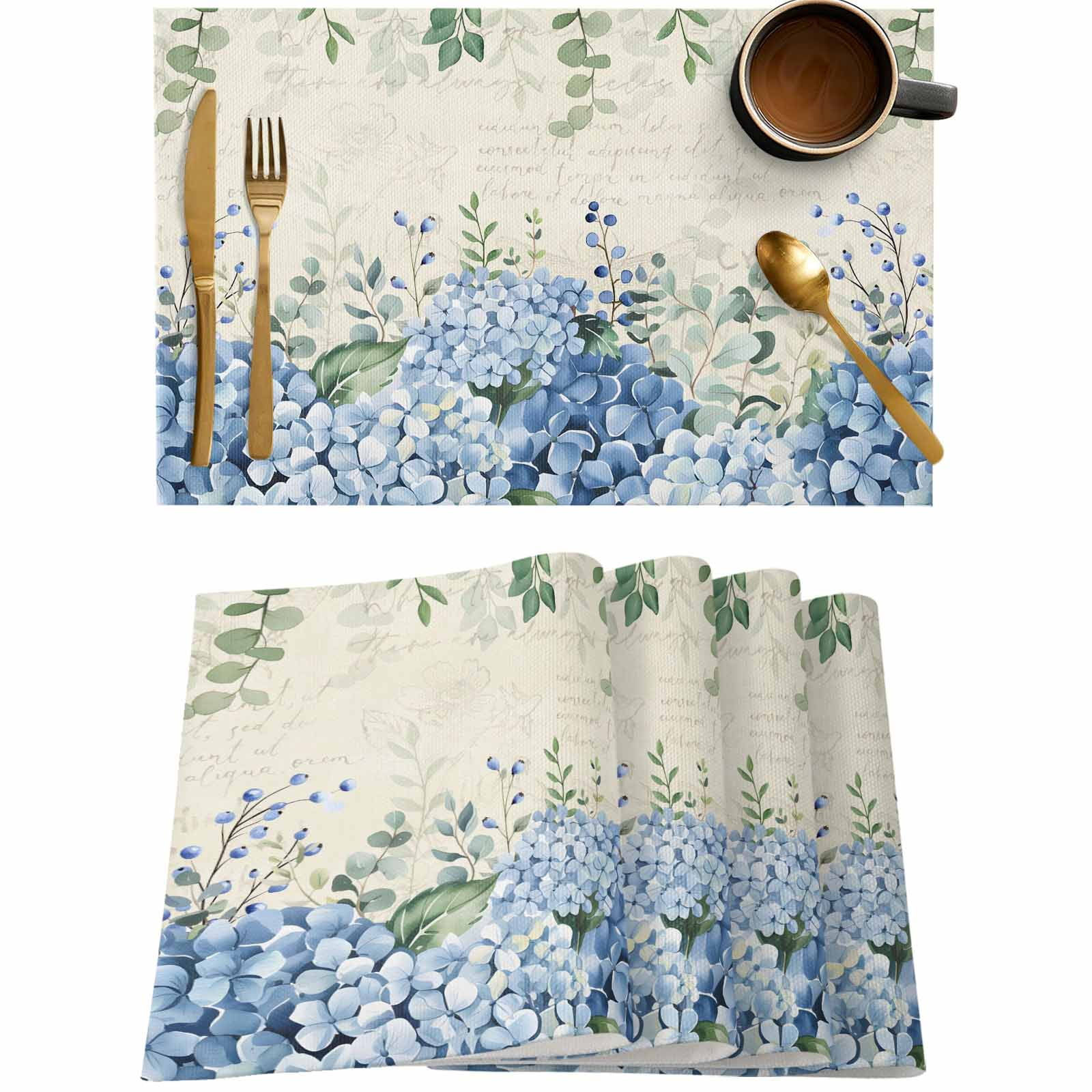 Green Eucalyptus Leaves Blue Hydrangea Flower Placemats Set of 4,Wipeable Washable Table Mats ...