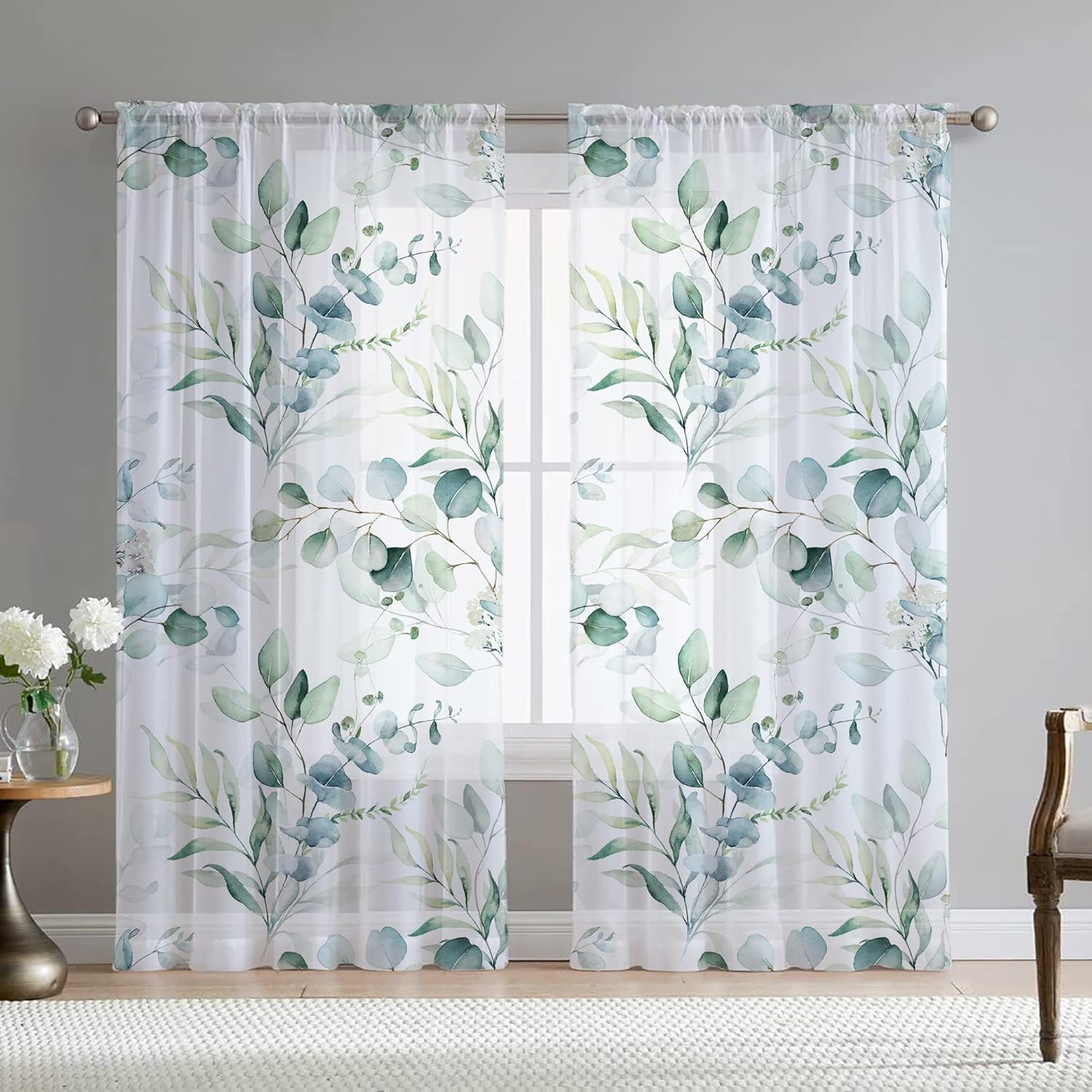 Green Eucalyptus Leaves Curtains for Living Room 84 inch Length 2 ...