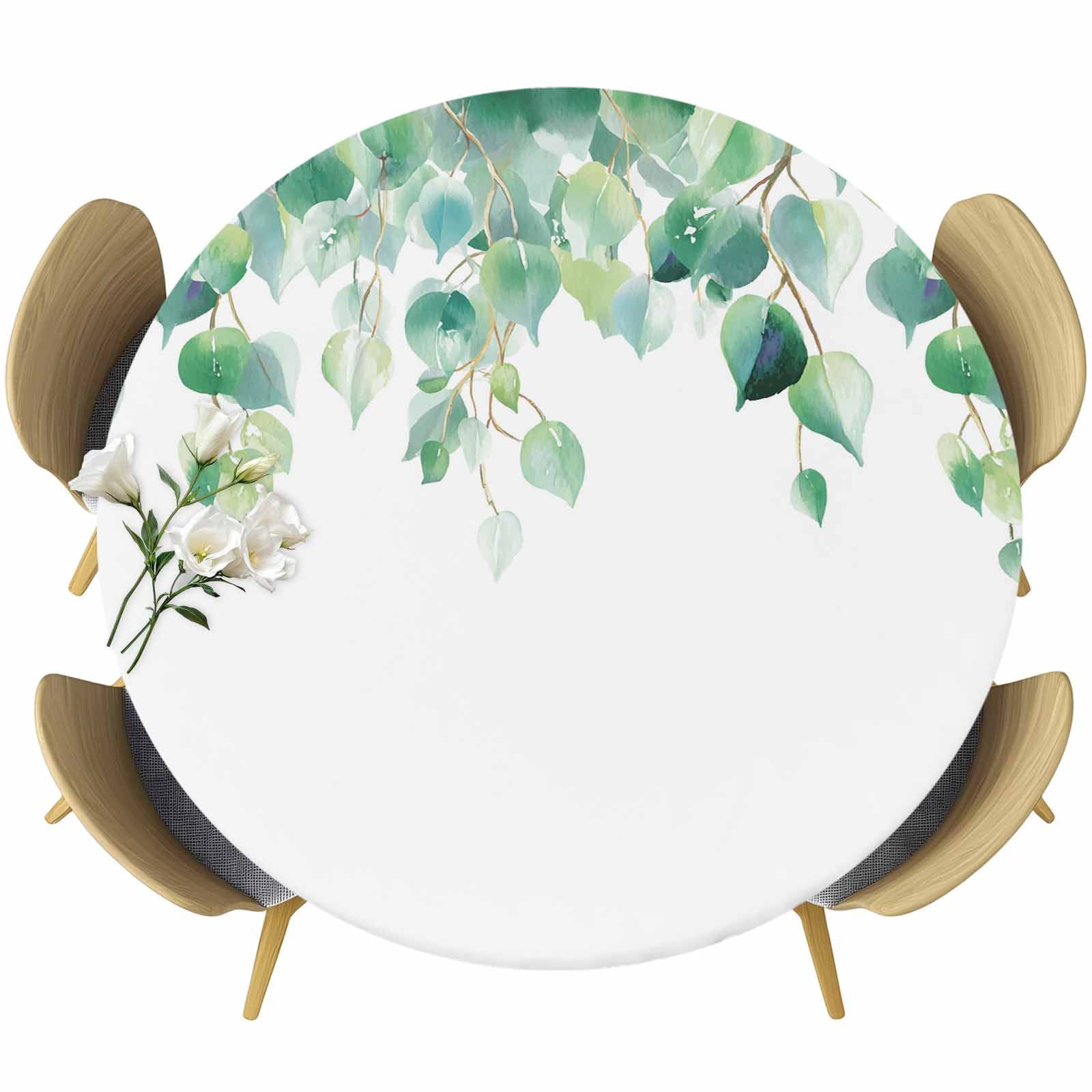 Green Eucalyptus Leaves Fitted Round Tablecloth Watercolor Botanical ...