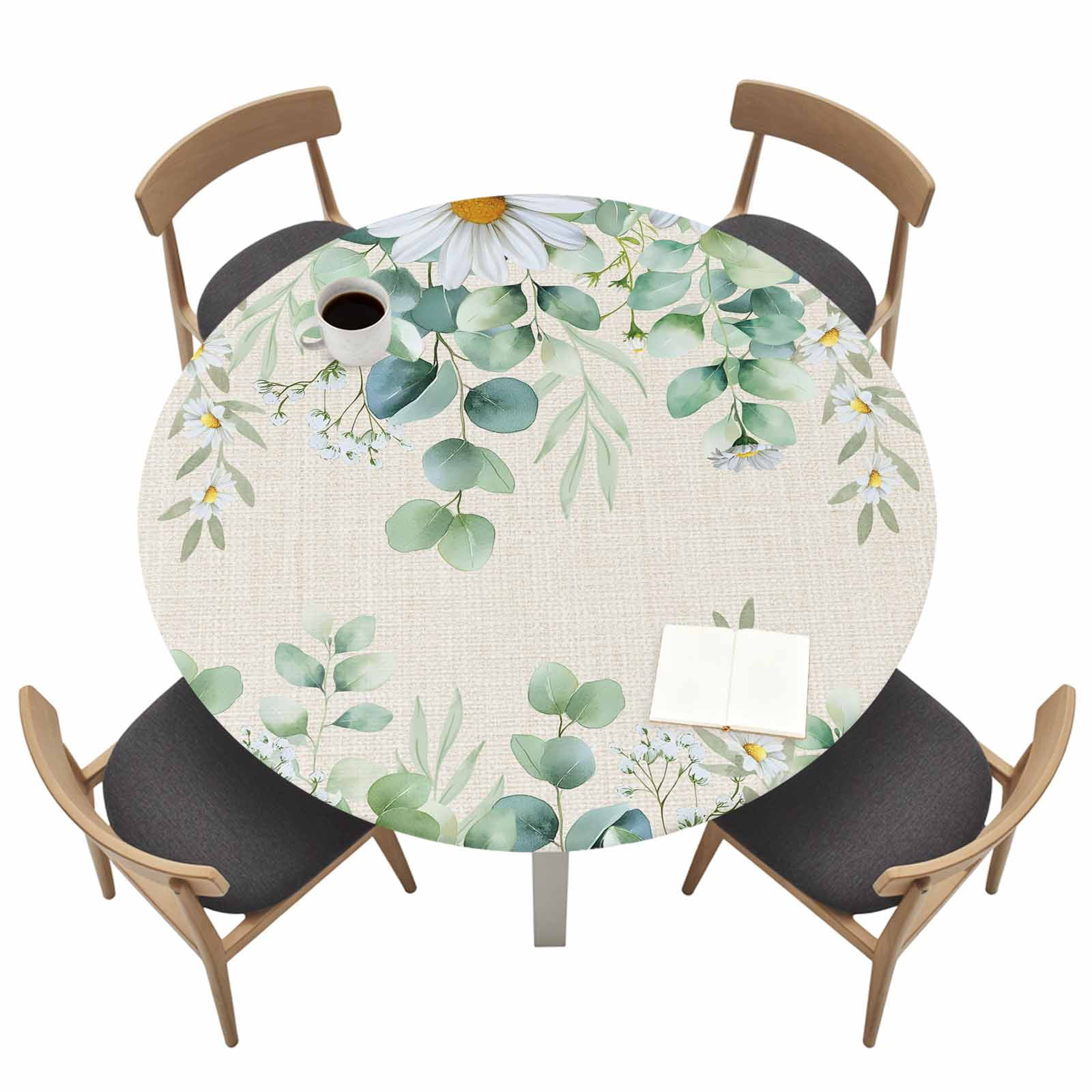 Green Eucalyptus Leaves Fitted Tablecloth with Elastic Edged, Round ...