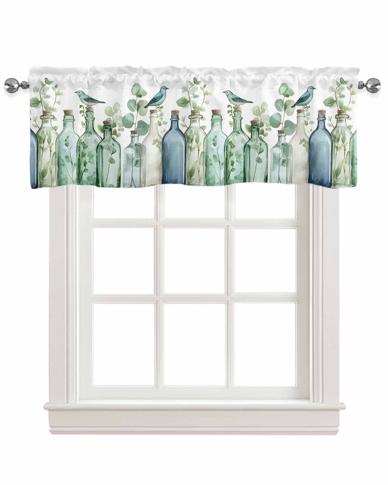 Green Eucalyptus Leaves Kitchen Valances for Windows Farmhouse Linen ...
