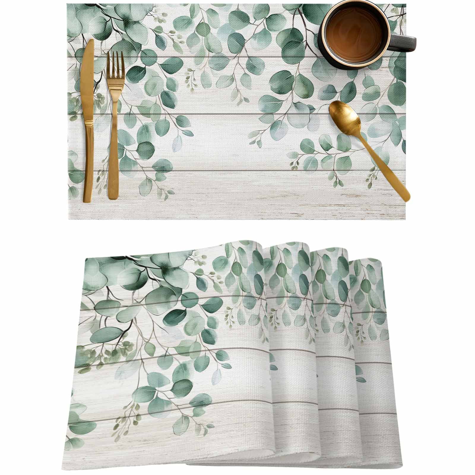 Green Eucalyptus Leaves Placemats Set of 4,Wipeable Washable Table Mats for Dining Tables,Farm ...