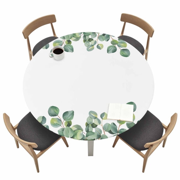 Green Eucalyptus Leaves Round Fitted Tablecloth with Elastic Edge ...