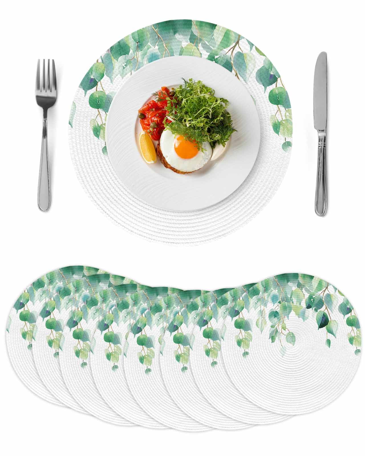 Green Eucalyptus Leaves Round Table Placemats set of 8, Watercolor ...