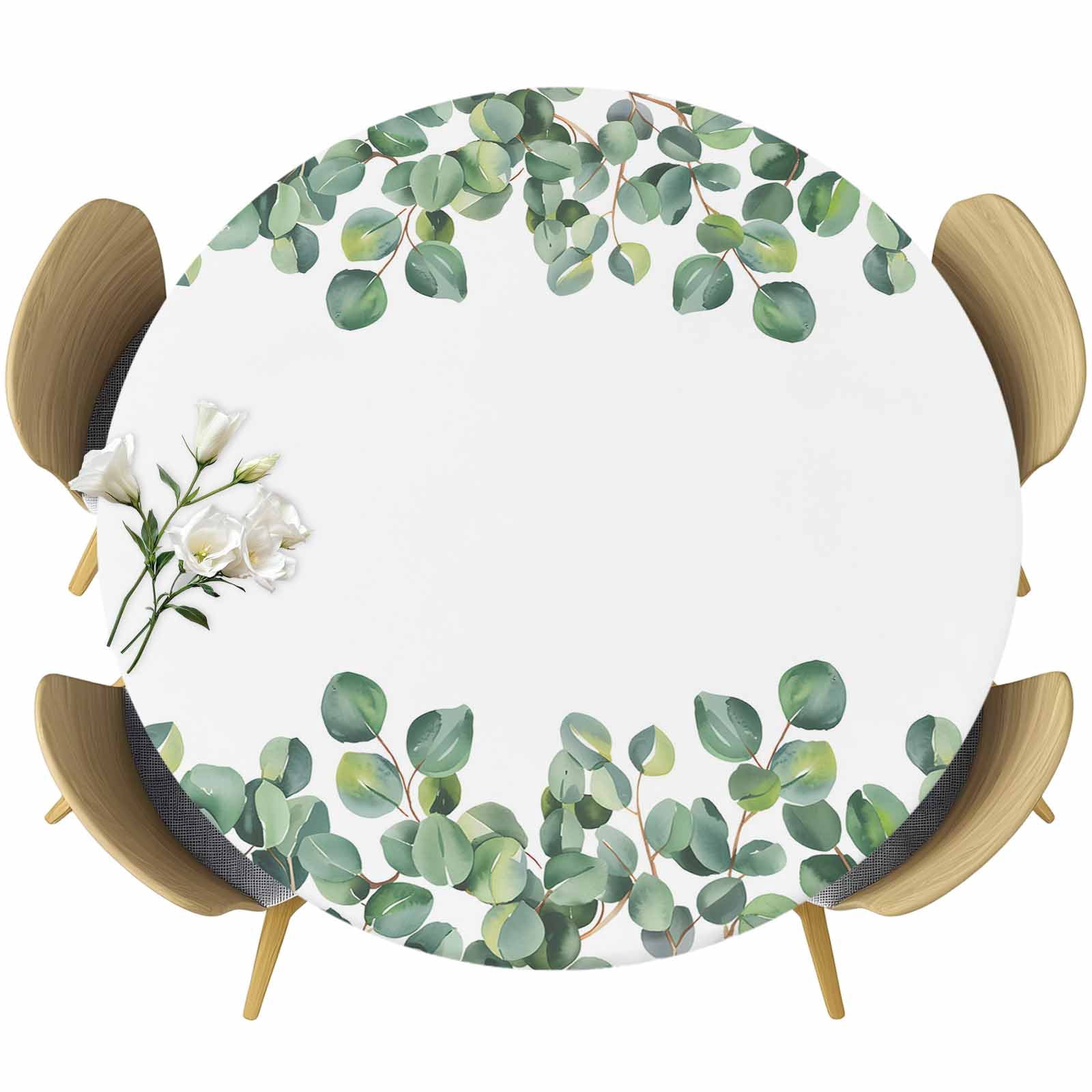 Green Eucalyptus Leaves Round Tablecloth, Fitted Table Cover with ...