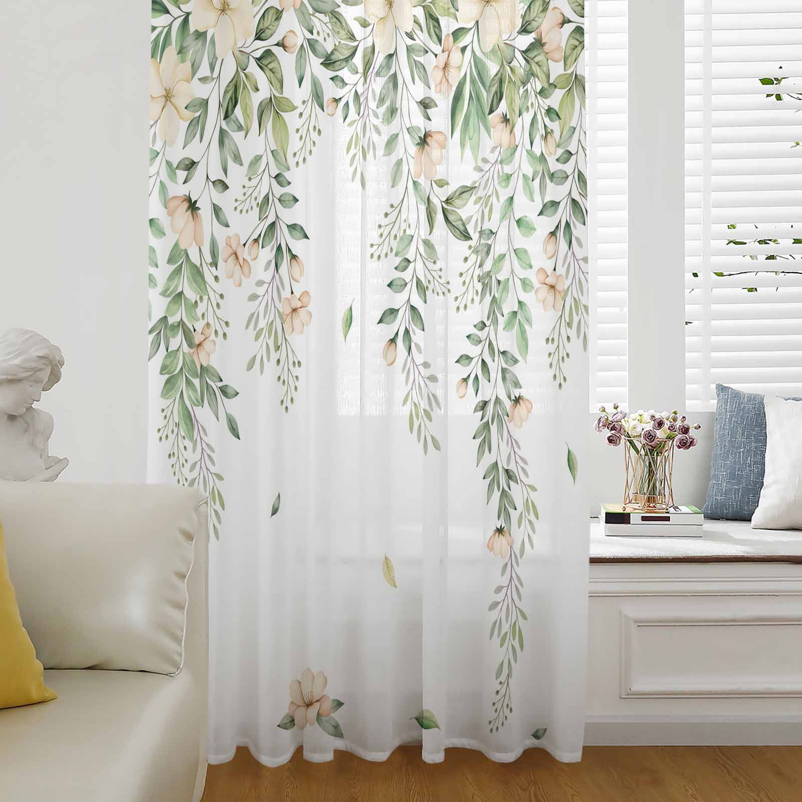 Green Eucalyptus Leaves Semi Sheer Curtains Drapes for Living Room ...